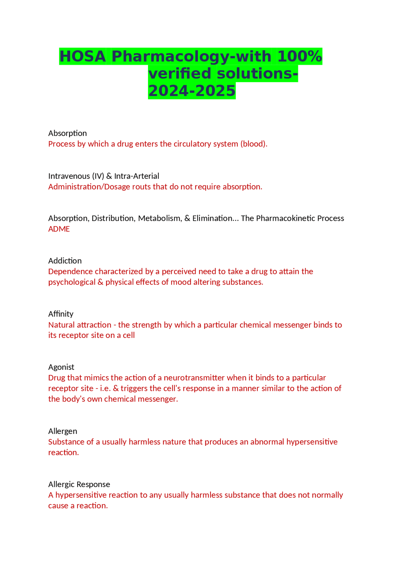 HOSA Pharmacology-with 100% verified solutions-2024-2025.docx | Exams Advanced Education | Docsity