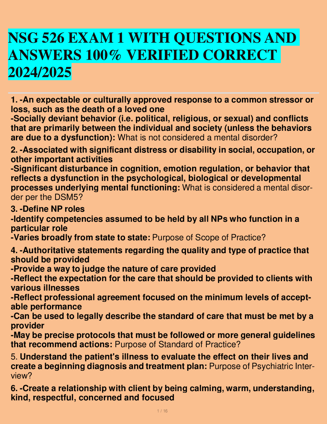 NSG 526 EXAM 1 WITH QUESTIONS AND ANSWERS 100% VERIFIED CORRECT 2024/2025 | Exams Nursing | Docsity