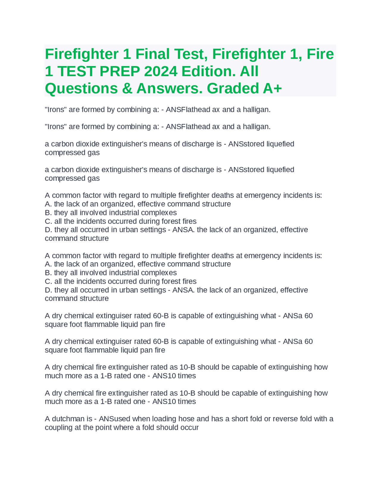 Firefighter 1 Final Test, Firefighter 1, Fire 1 TEST PREP 2024 Edition ...