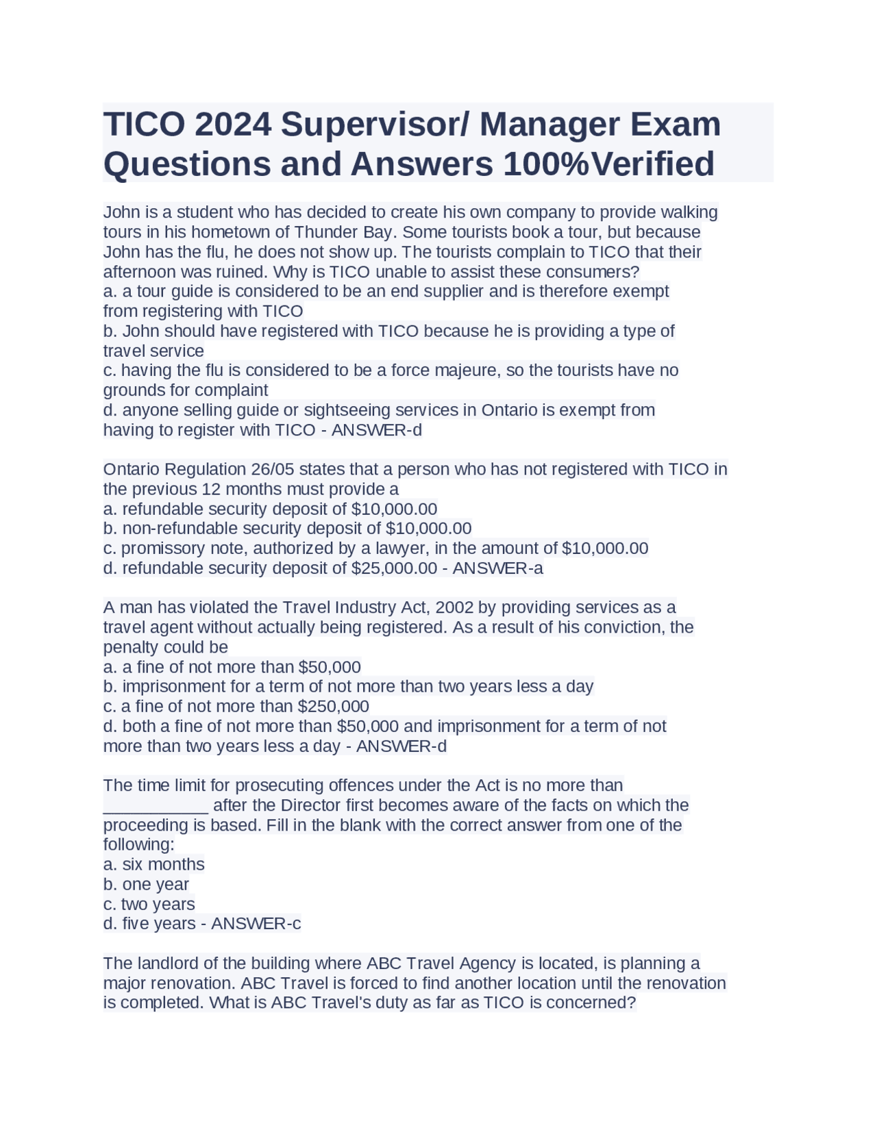 TICO 2024 Supervisor/ Manager Exam Questions and Answers 100%Verified ...