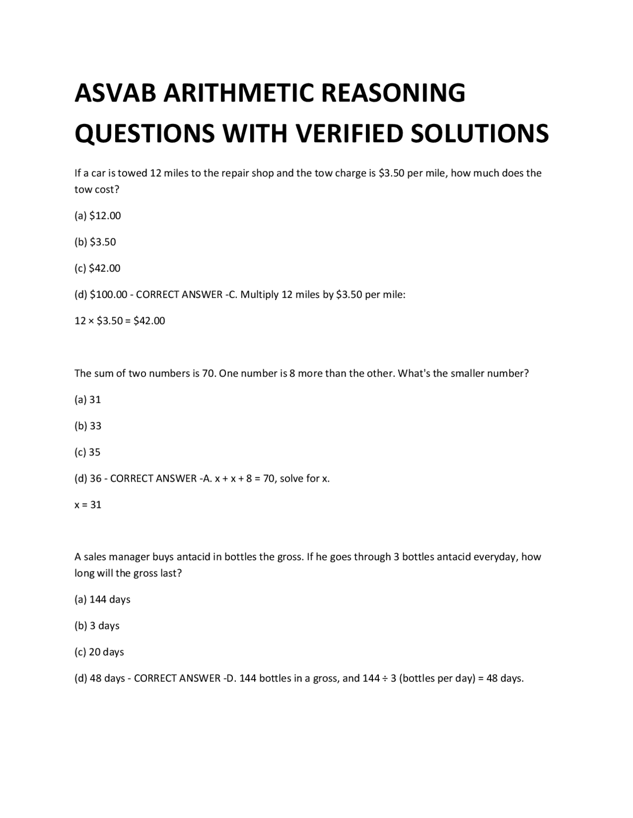 ASVAB ARITHMETIC REASONING QUESTIONS WITH VERIFIED SOLUTIONS | Exams ...