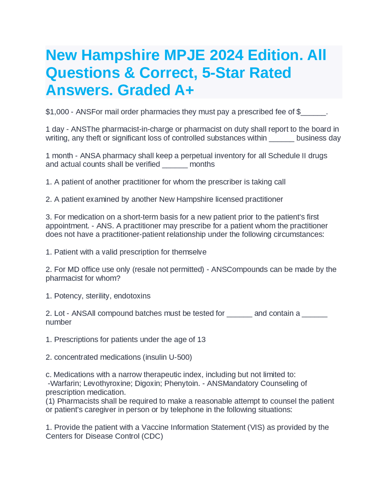 New Hampshire MPJE 2024 Edition. All Questions & Correct, 5-Star Rated ...