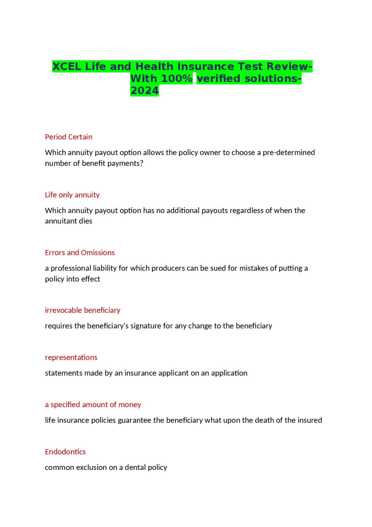 XCEL Life and Health Insurance Test Review-With 100% verified solutions ...