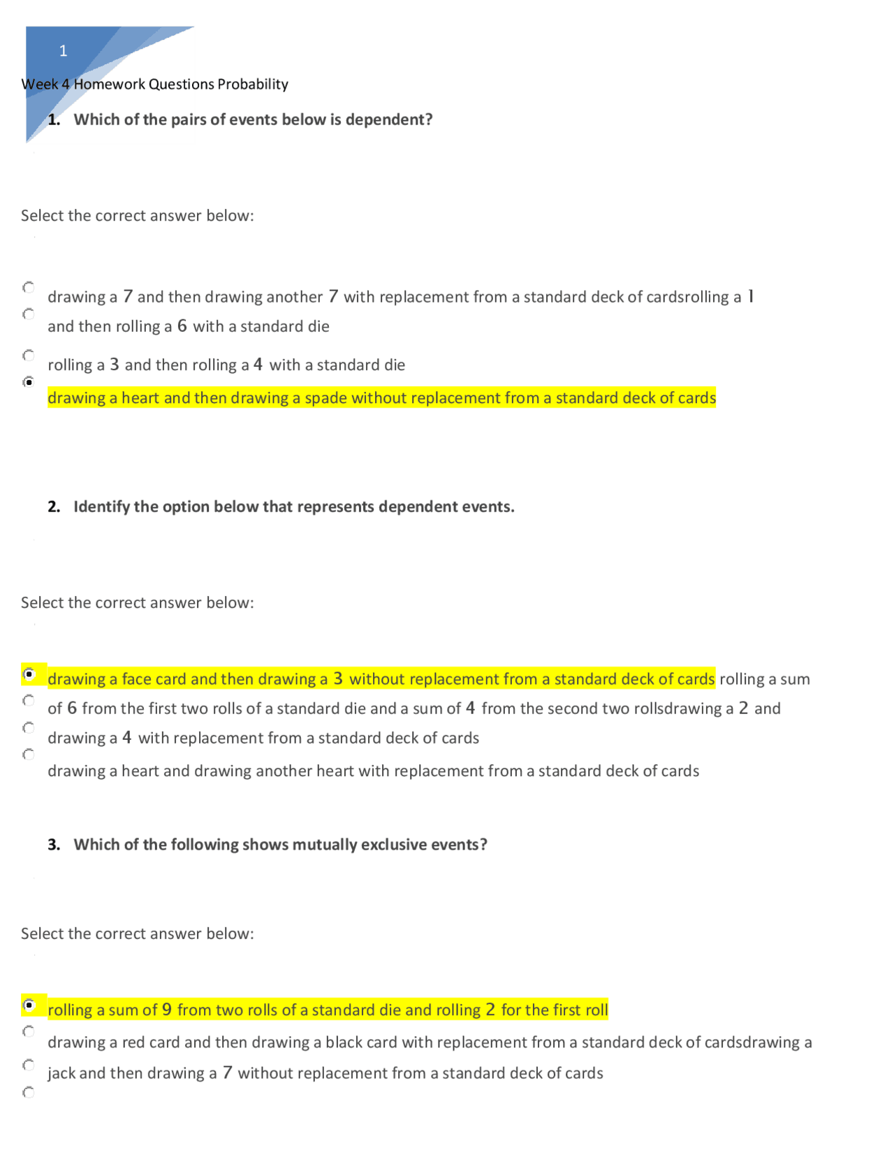 MATH 225N MATH Week 4 Probability Questions and answers | Exams Nursing | Docsity