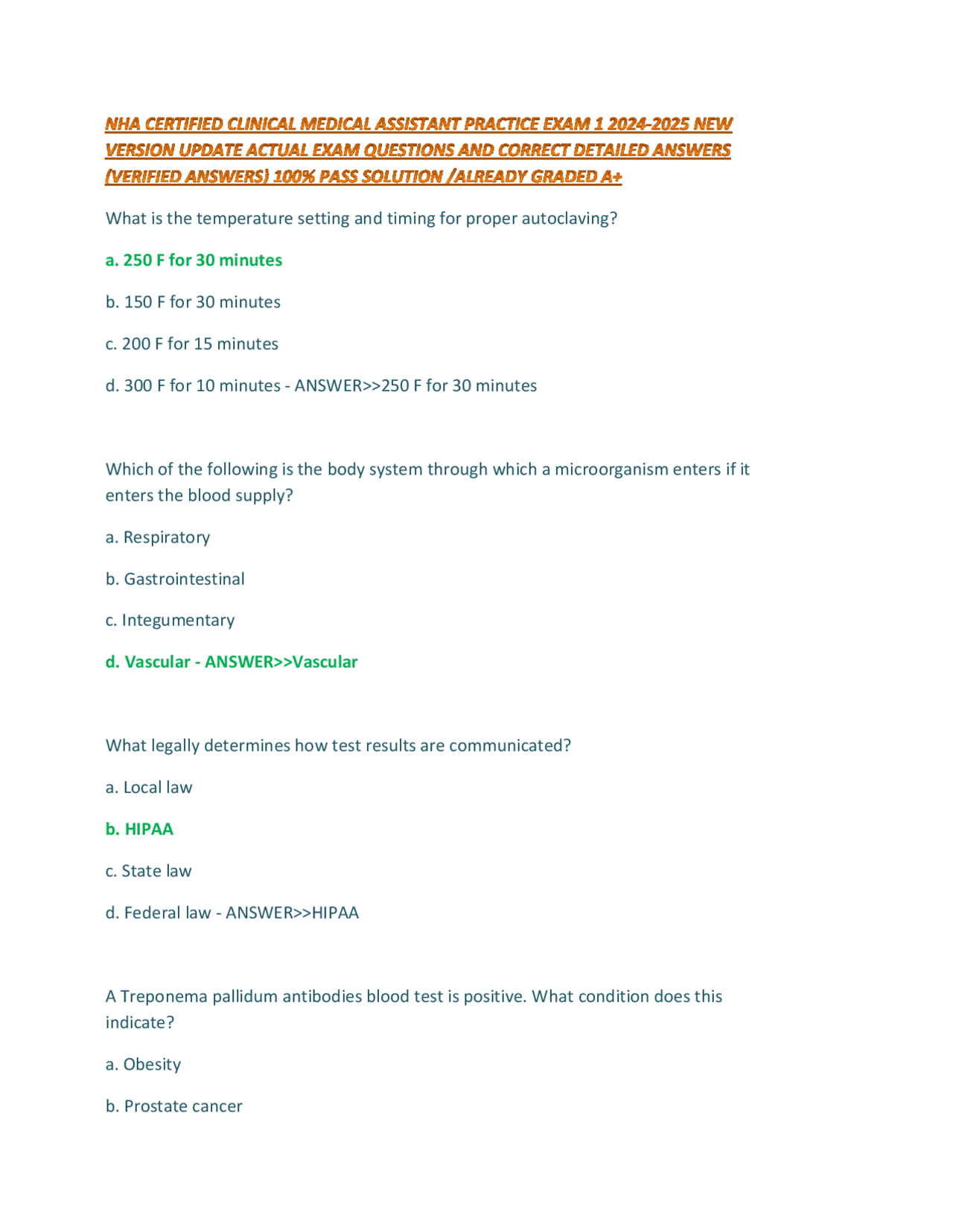 NHA CERTIFIED CLINICAL MEDICAL ASSISTANT PRACTICE EXAM 1 2024.pdf ...