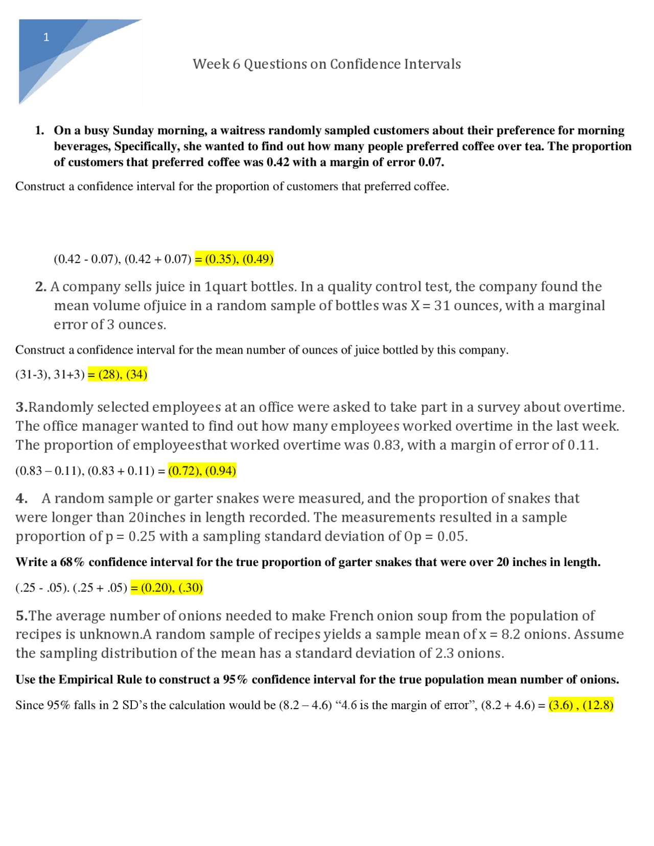 MATH 225N MATH Week 6 Confidence Intervals Questions and answers | Exams Nursing | Docsity