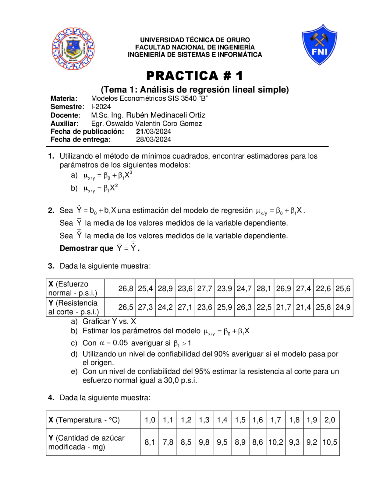 Practica #1 Modelos Econométricos | Ejercicios de Análisis Económico | Docsity