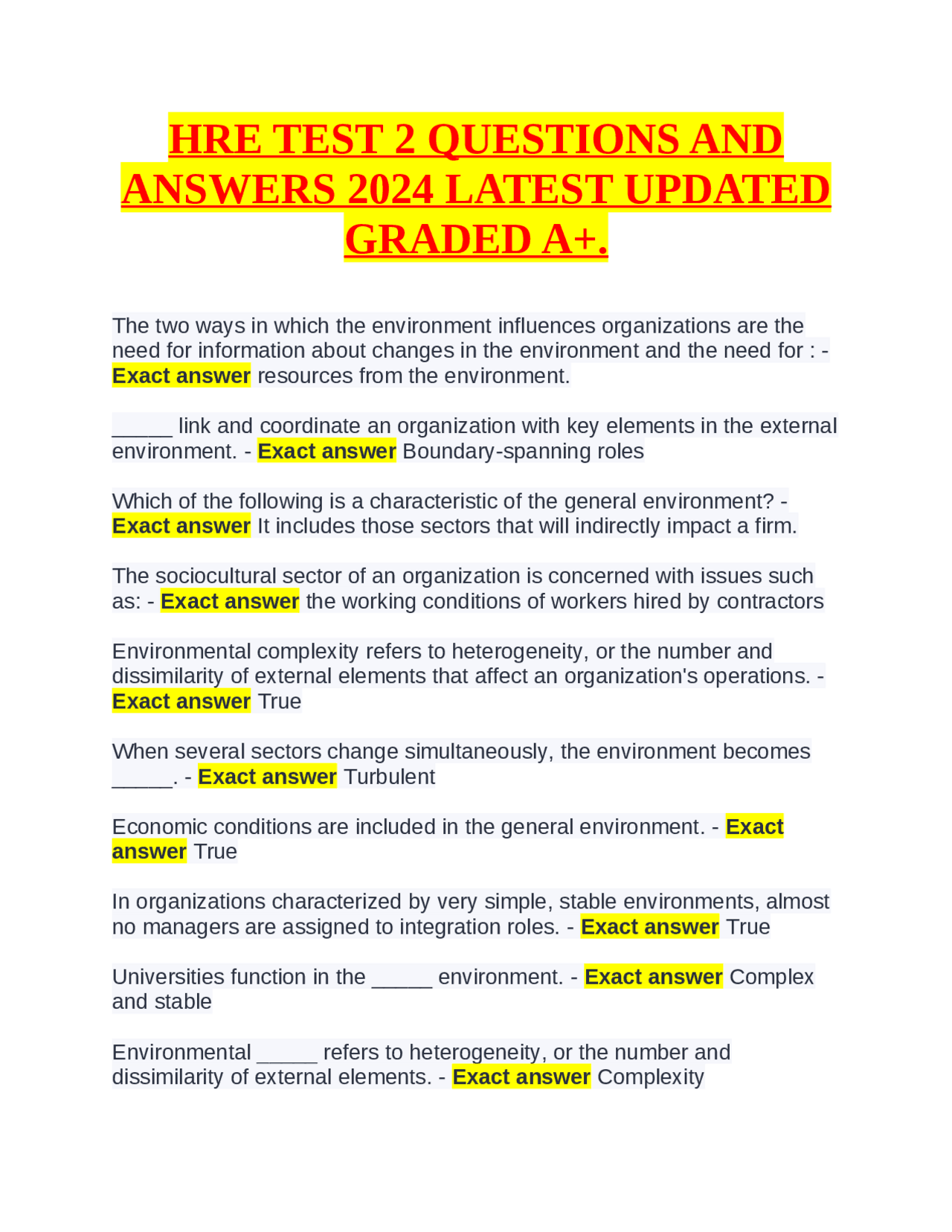 HRE TEST 2 QUESTIONS AND ANSWERS 2024 LATEST UPDATED GRADED A+. | Exams ...