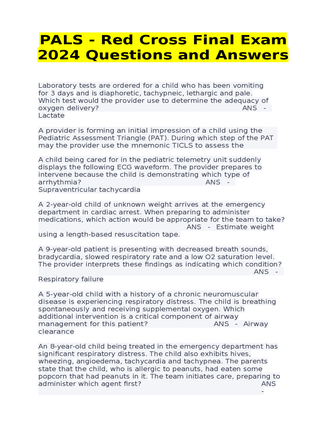 PALS - Red Cross Final Exam 2024 Questions and Answers | Exams Nursing ...