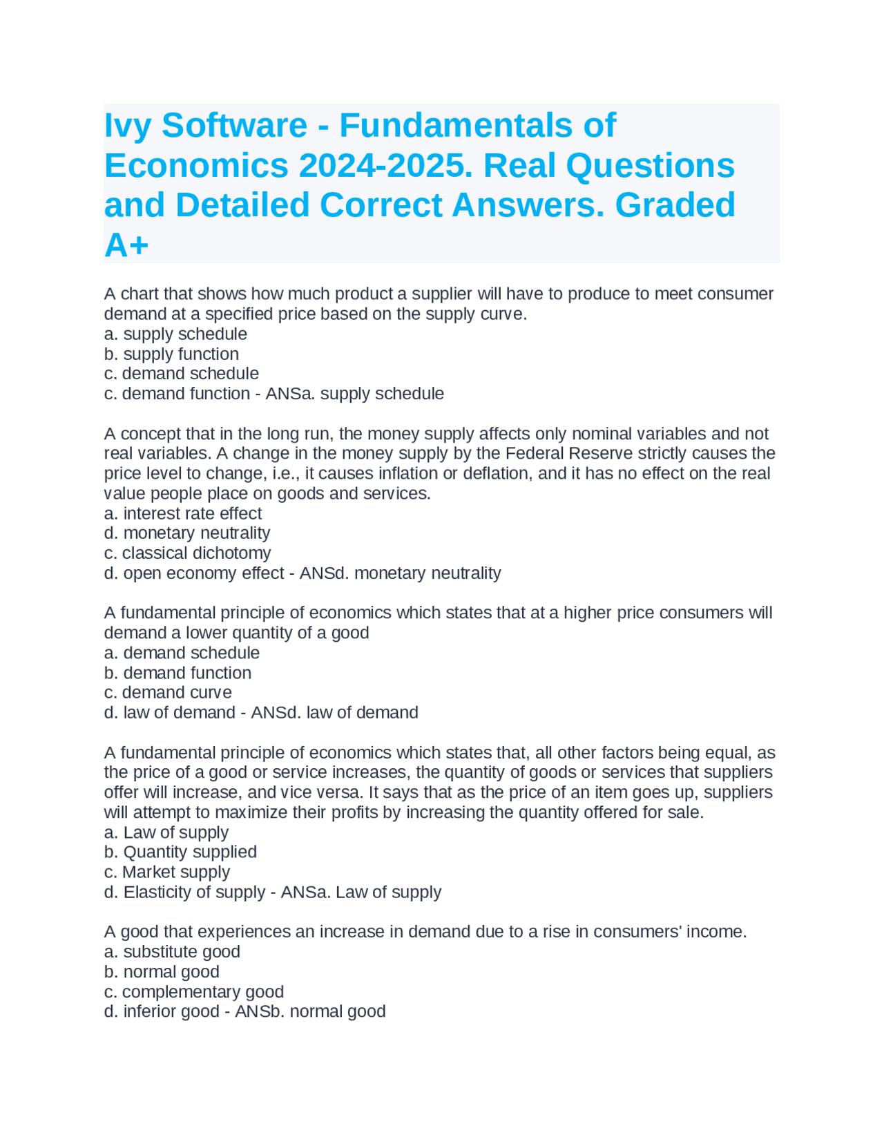 Ivy Software Fundamentals Of Economics 2024 2025 Real Questions And Answers Graded A