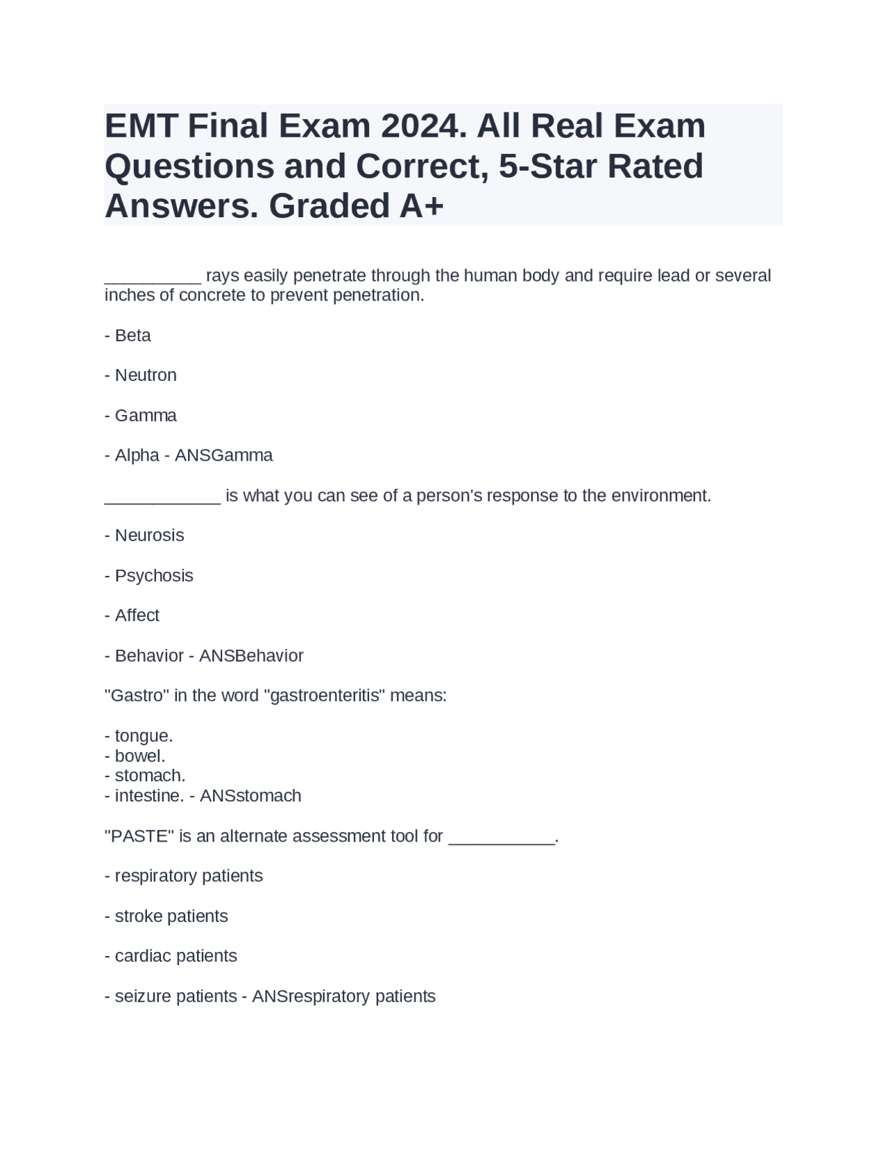 EMT Final Exam 2024. All Real Exam Questions and Correct, 5-Star Rated ...