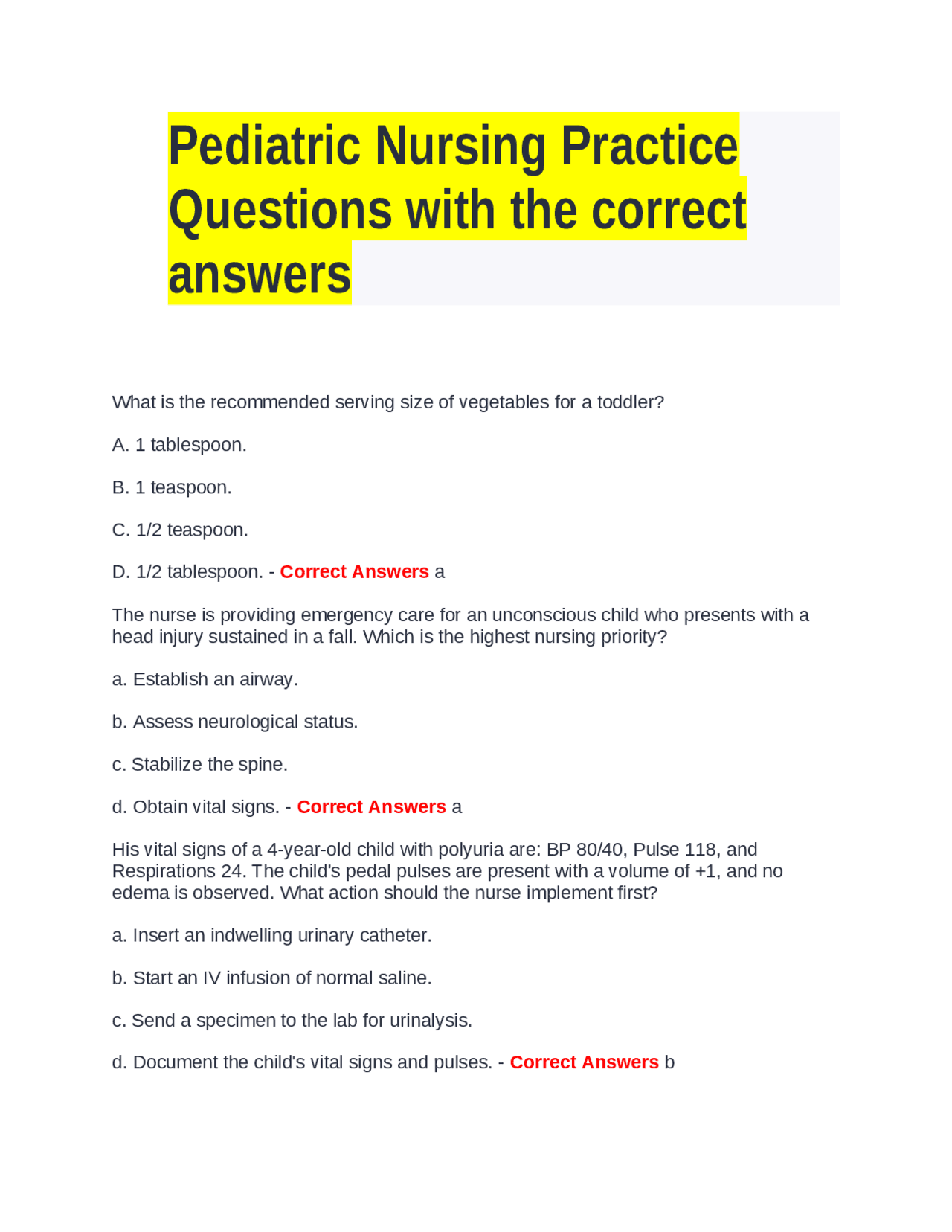 Pediatric Nursing Practice Questions with the correct answers | Exams ...