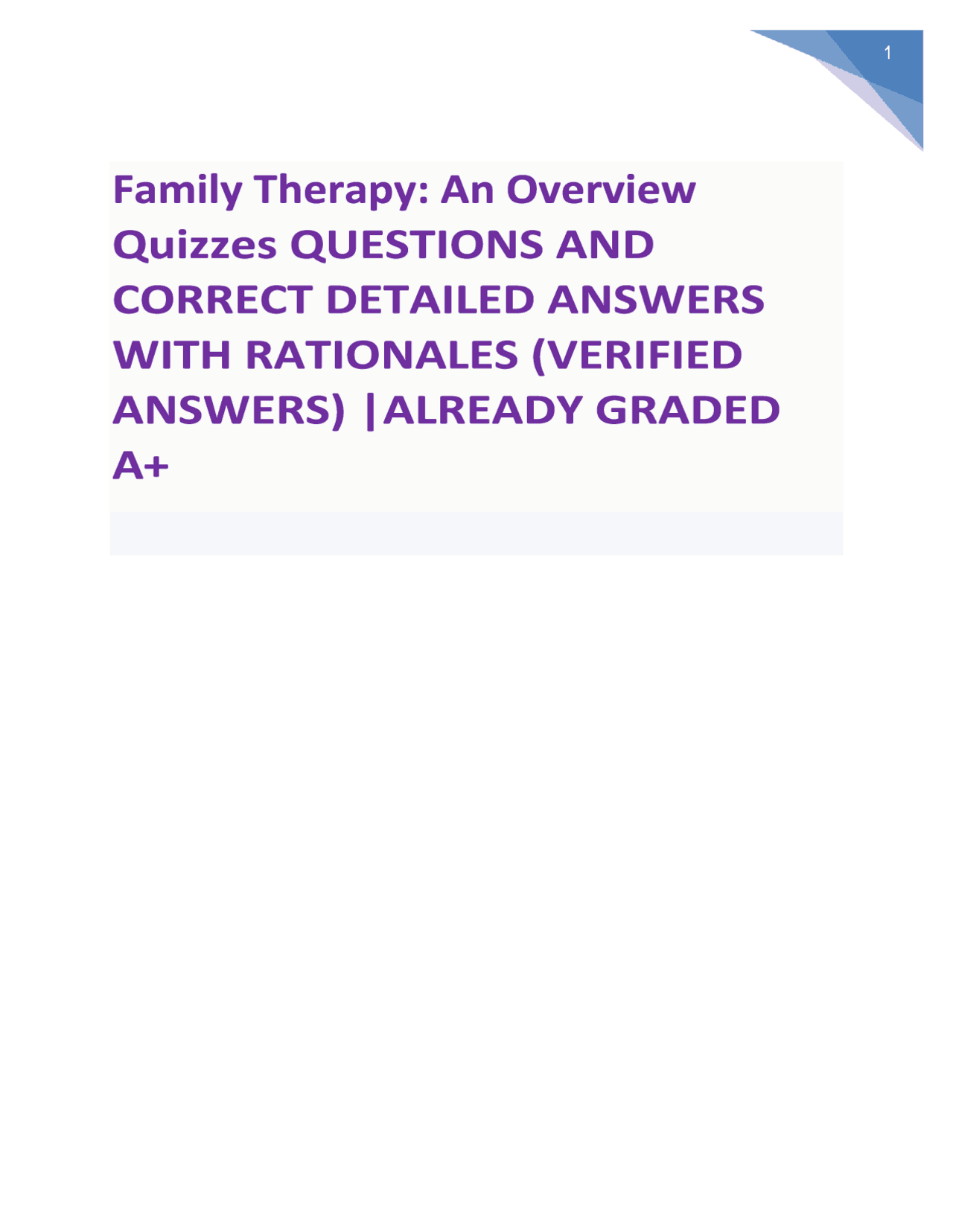 Family Therapy: An Overview Quizzes QUESTIONS AND CORRECT DETAILED ...