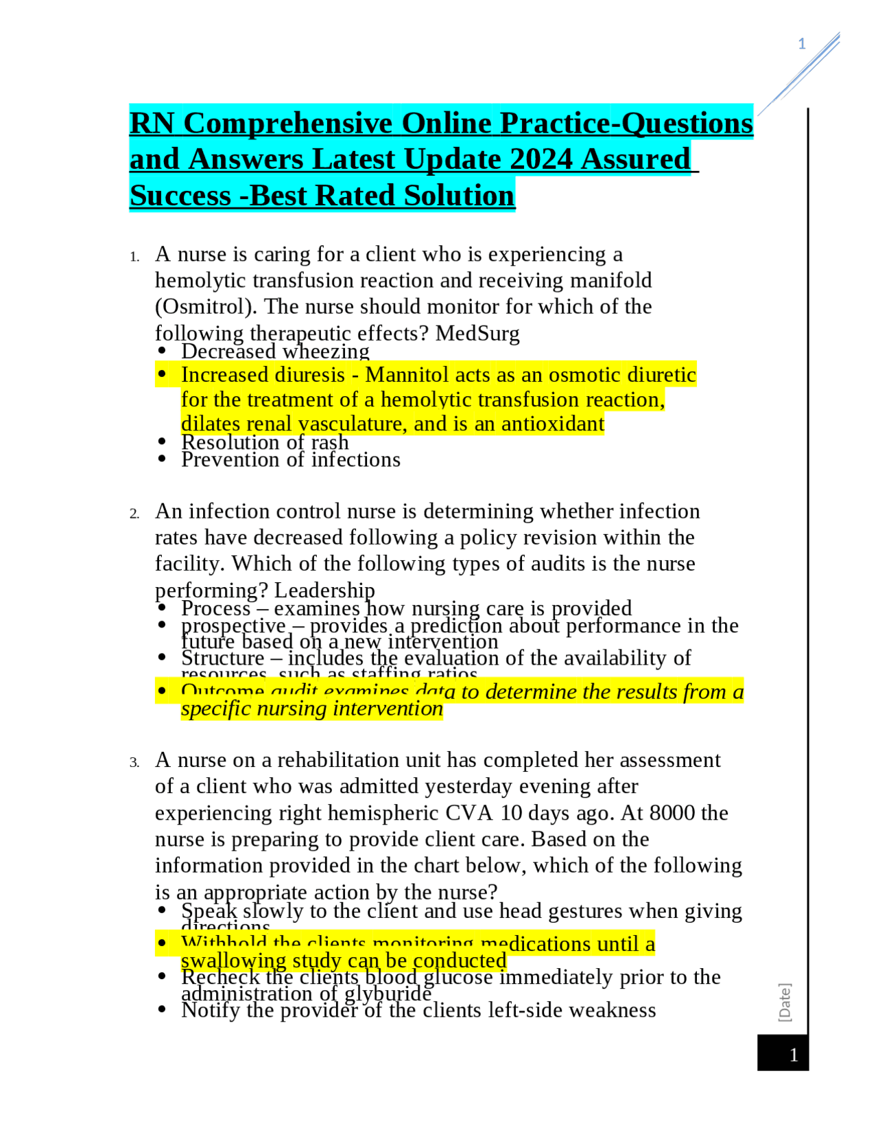 RN Comprehensive Online Practice-Questions and Answers Latest Update ...
