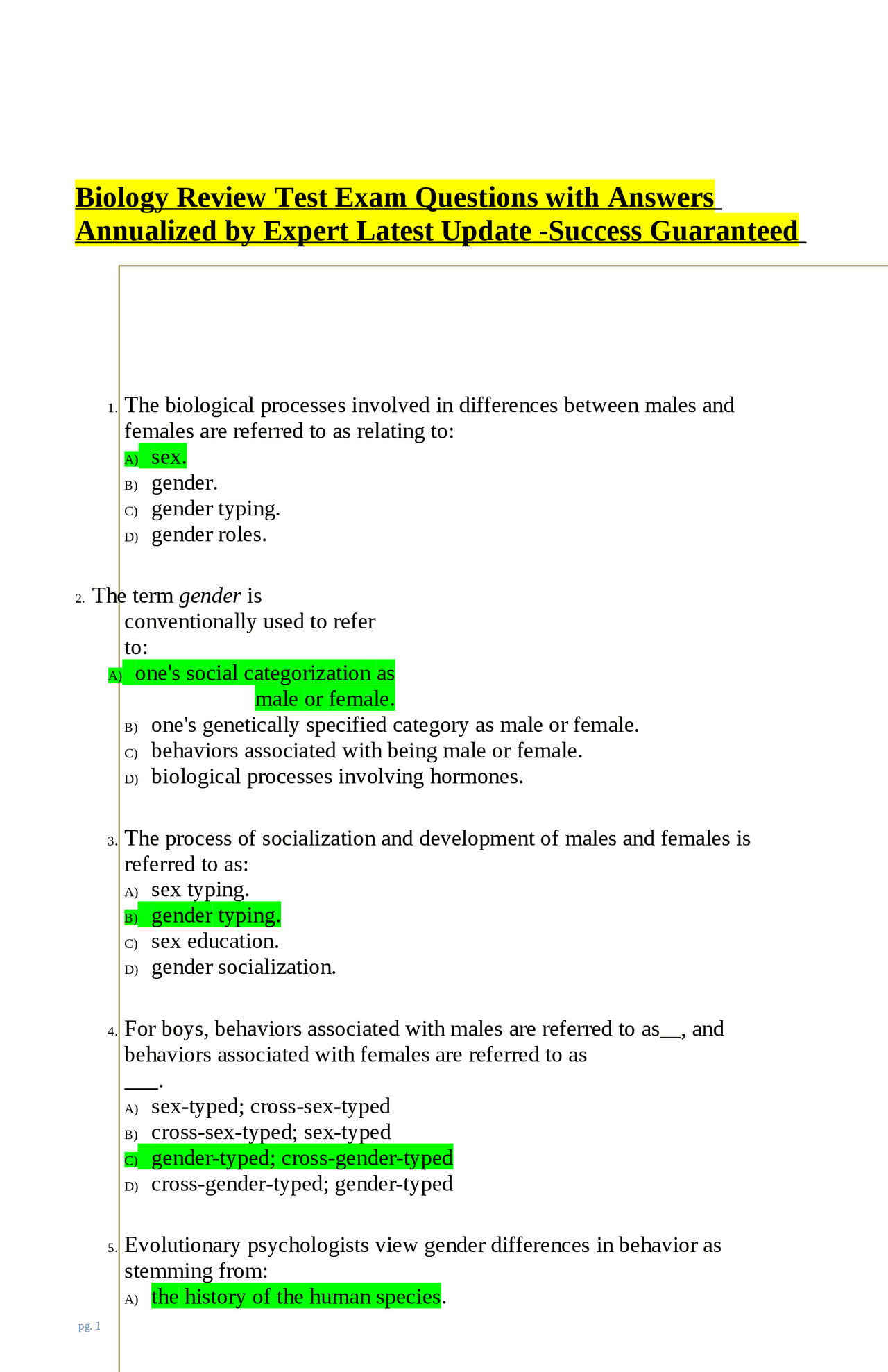 Biology Review Test Exam Questions with Answers Annualized by Expert ...