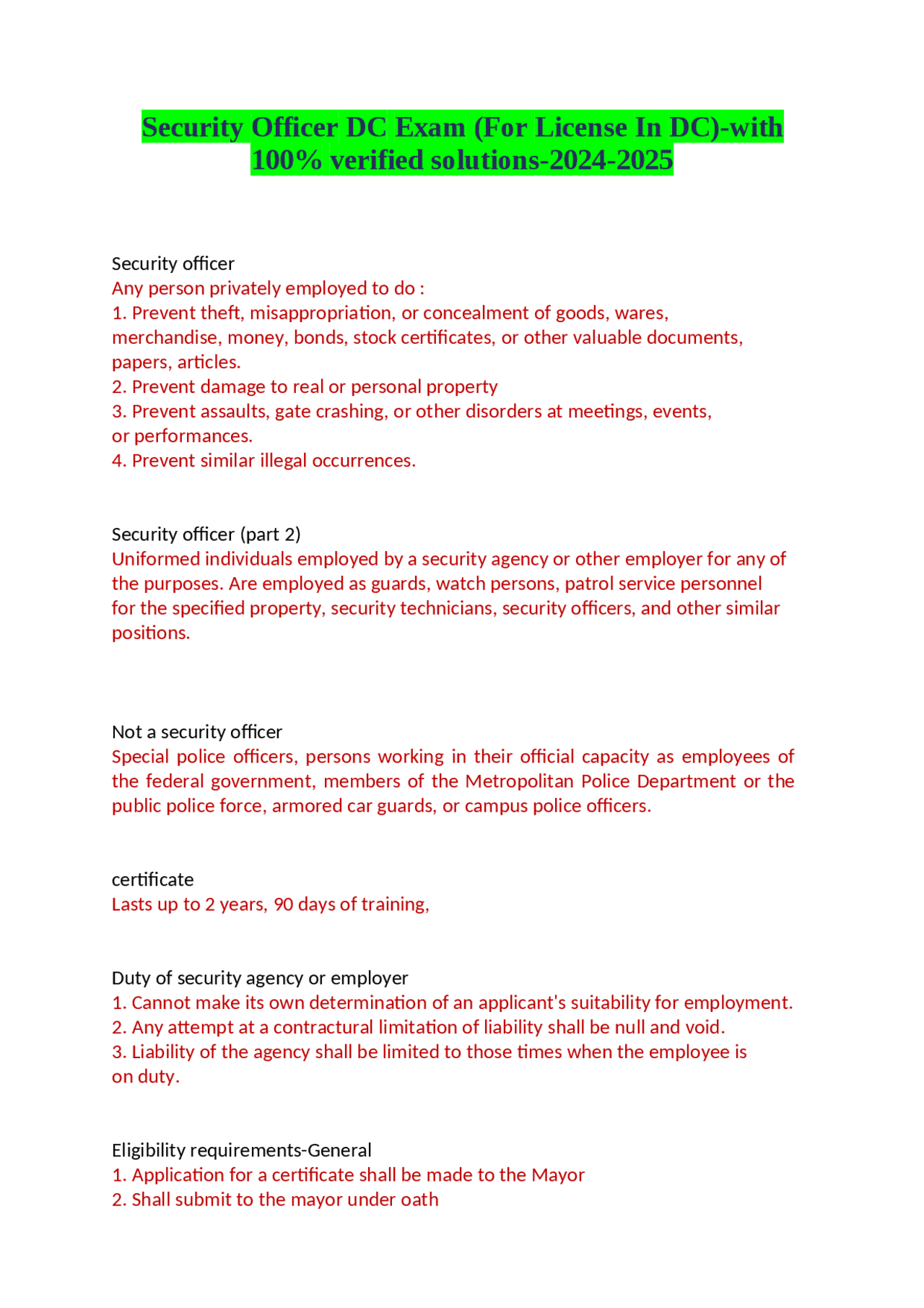 Security Officer DC Exam (For License In DC)-with 100% verified ...