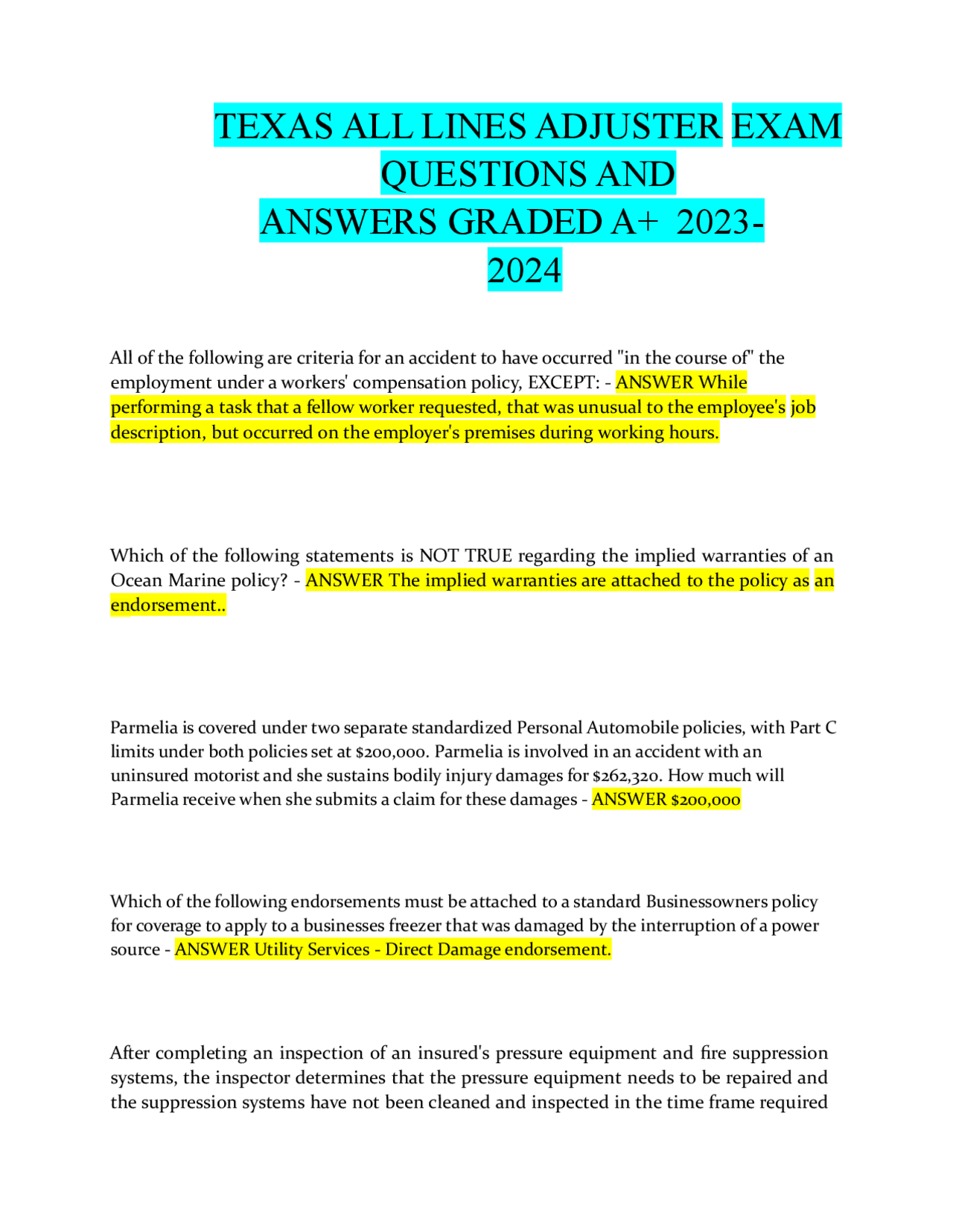TEXAS ALL LINES ADJUSTER EXAM QUESTIONS AND ANSWERS GRADED A+ 2023 ...
