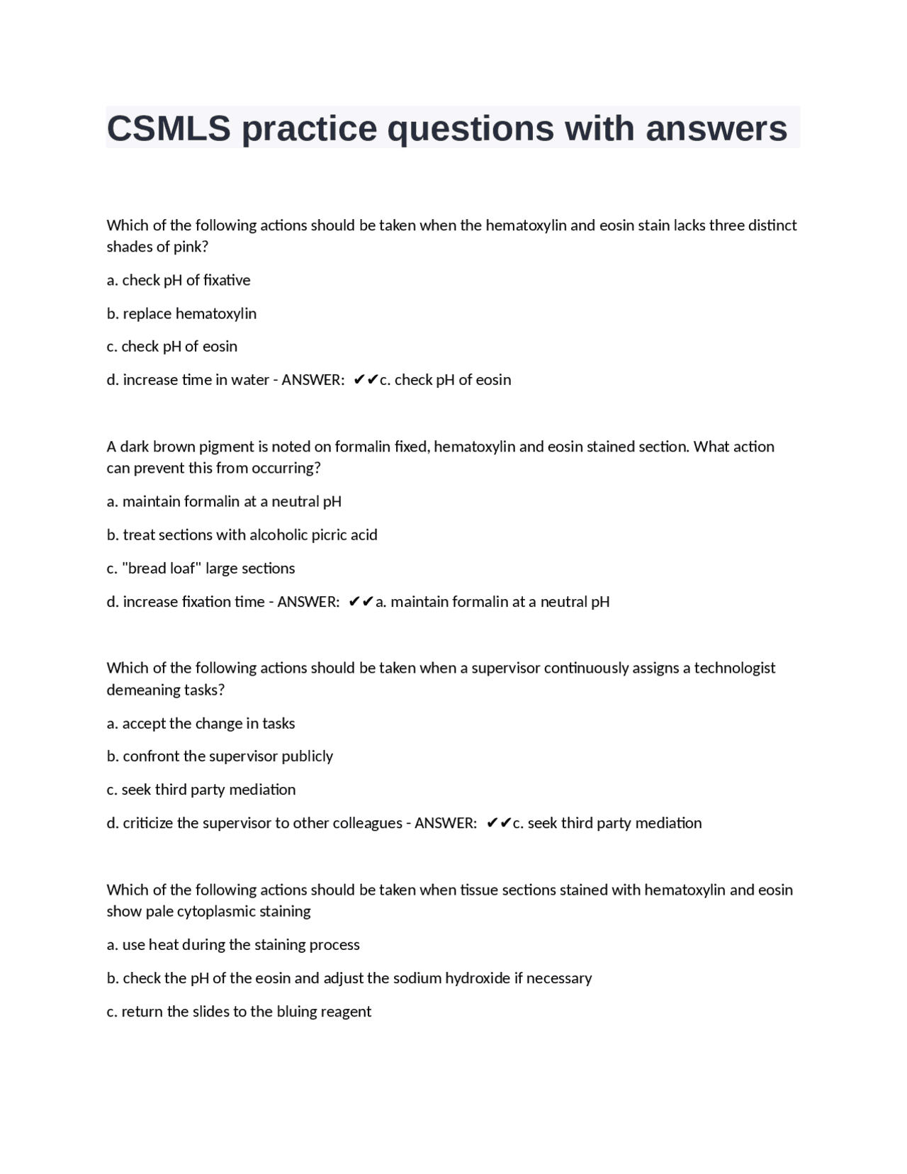 CSMLS practice questions with answers | Exams Nursing | Docsity