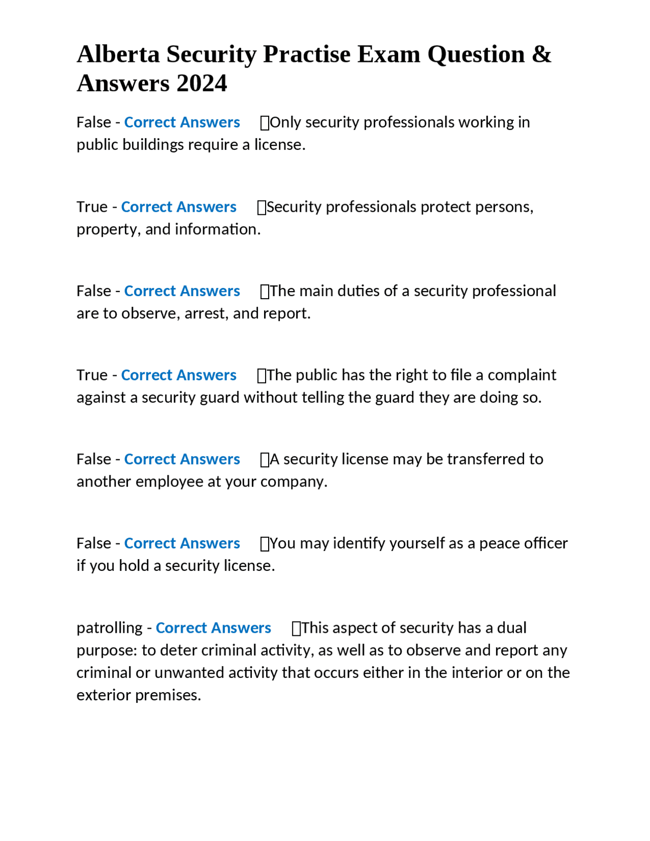 Alberta Security Practise Exam Question & Answers 2024 | Exams Nursing ...