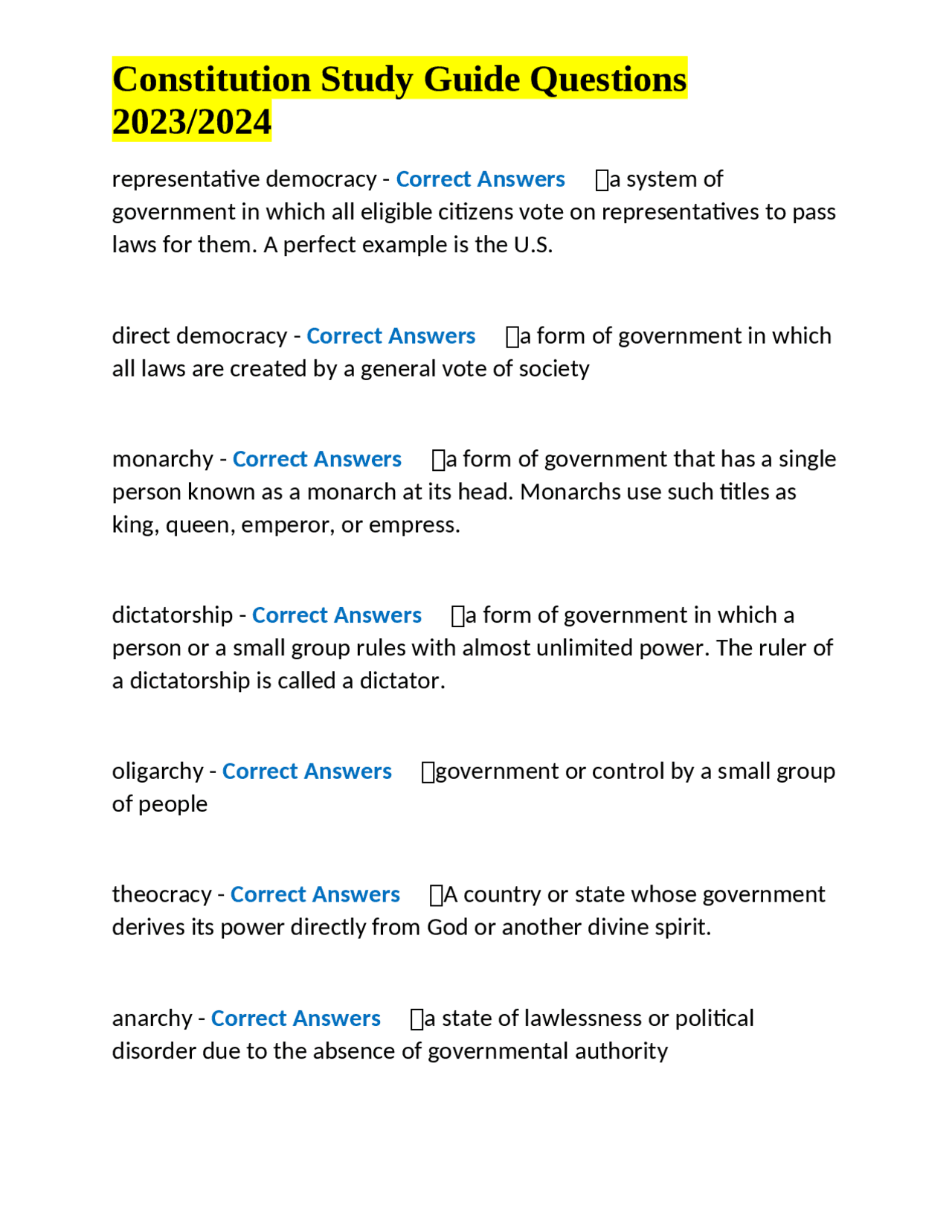 Constitution Study Guide Questions 2023/2024 | Exams Nursing | Docsity