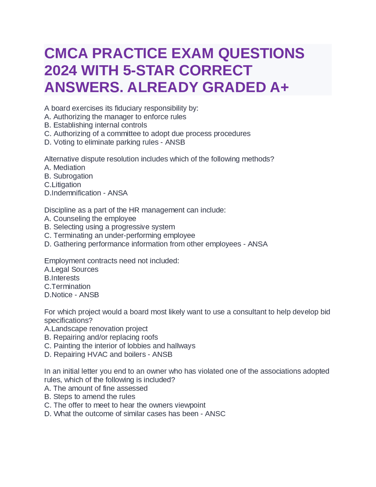 CMCA PRACTICE EXAM QUESTIONS 2024 WITH 5-STAR CORRECT ANSWERS. ALREADY ...