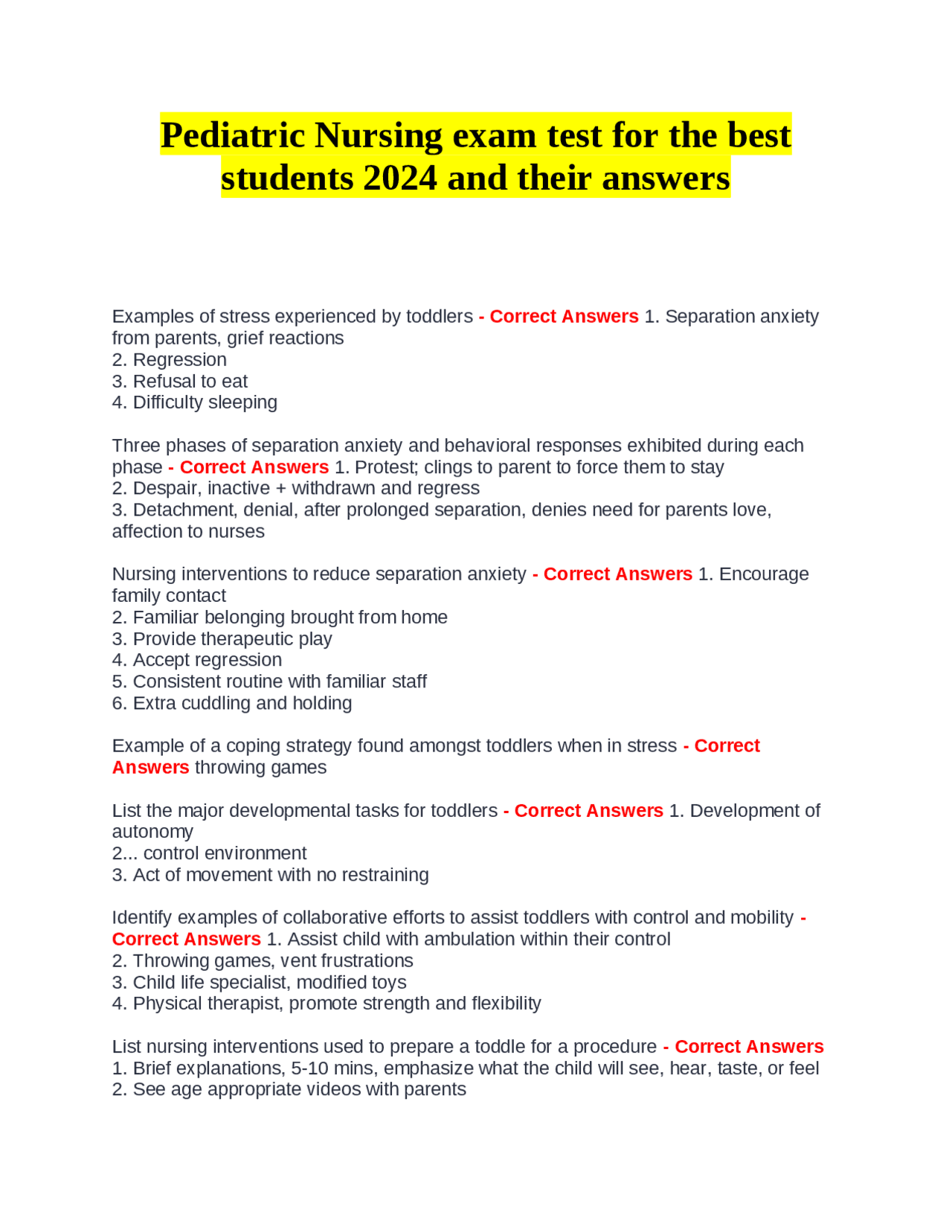 Pediatric Nursing exam test for the best students 2024 and their ...