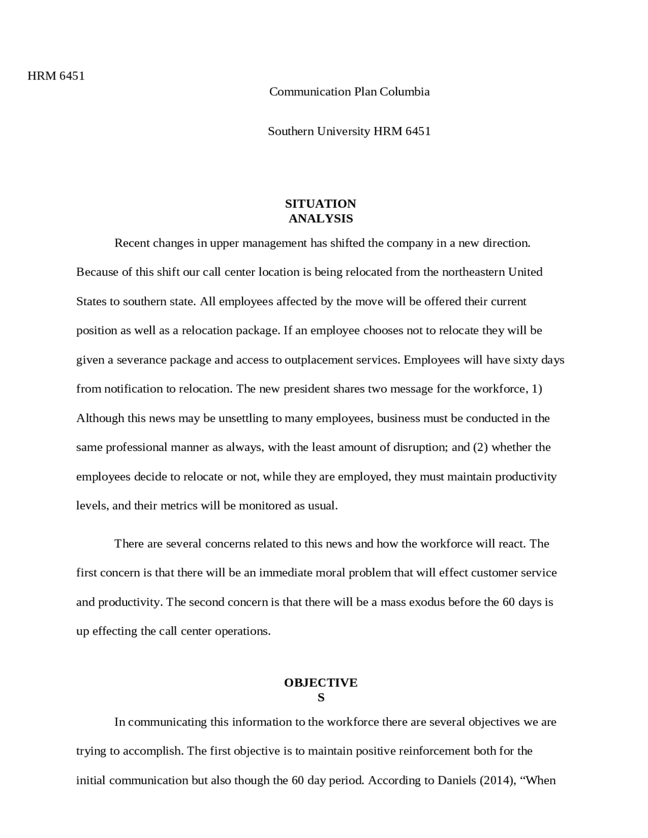 HRM 6451Communication Plan Columbia Southern University HRM | Lecture ...
