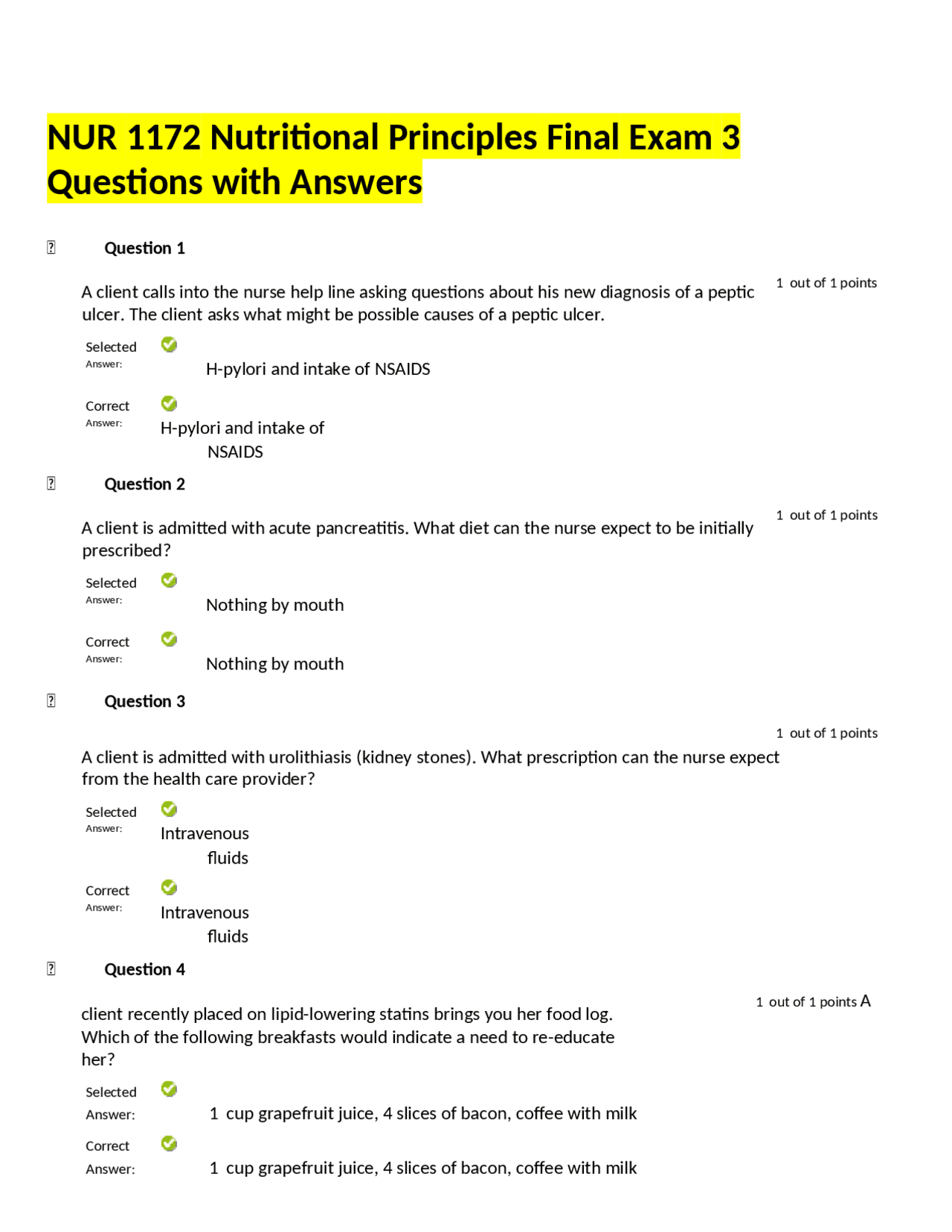 NUR 1172 Nutritional Principles Final Exam 3 Questions with Answers ...