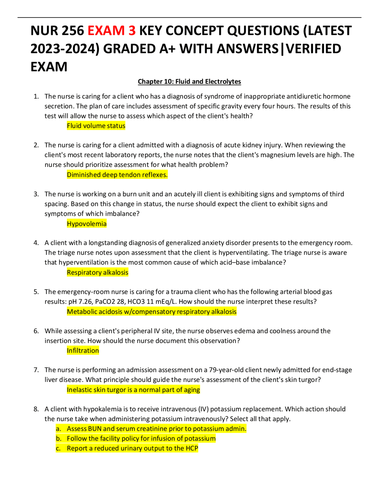 NUR 256 EXAM 3 KEY CONCEPT QUESTIONS (LATEST 2023-2024) GRADED A+ WITH ...