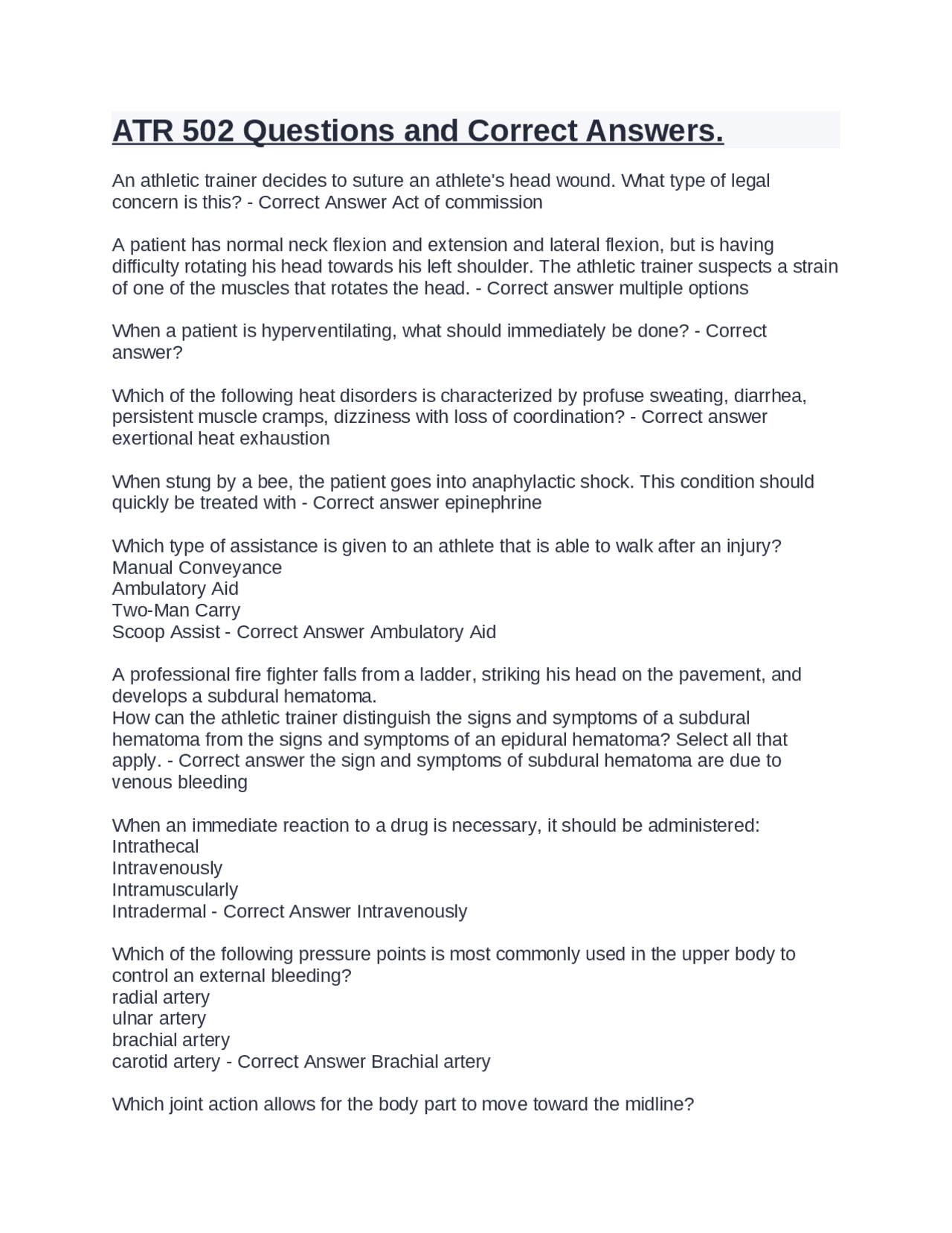 ATR 502 Questions and Correct Answers. | Exams Clinical Medicine | Docsity