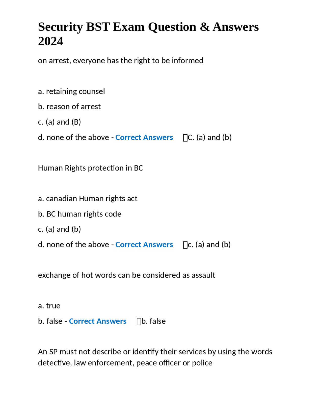 Security BST Exam Question & Answers 2024 | Exams Nursing | Docsity