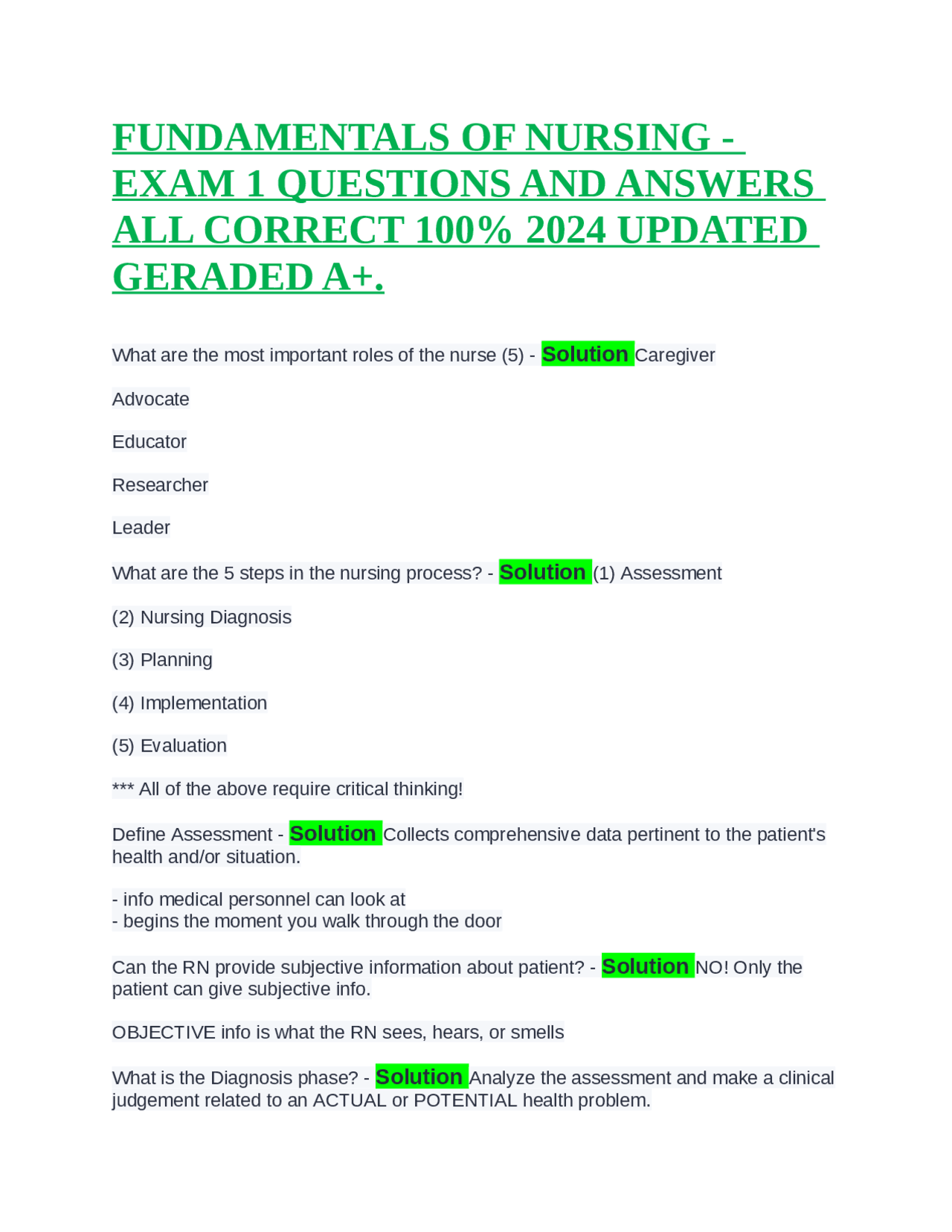 FUNDAMENTALS OF NURSING - EXAM 1 QUESTIONS AND ANSWERS ALL CORRECT 100% 2024 UPDATED GERAD ...