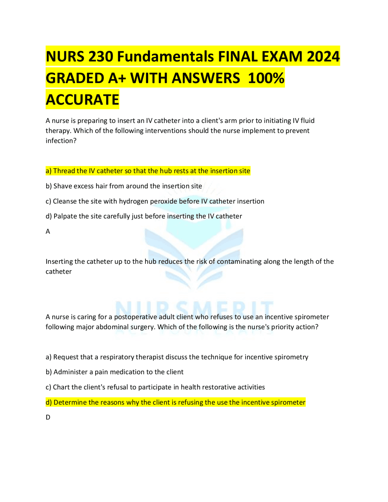 NURS 230 Fundamentals FINAL EXAM 2024 GRADED A+ WITH ANSWERS 100% ...