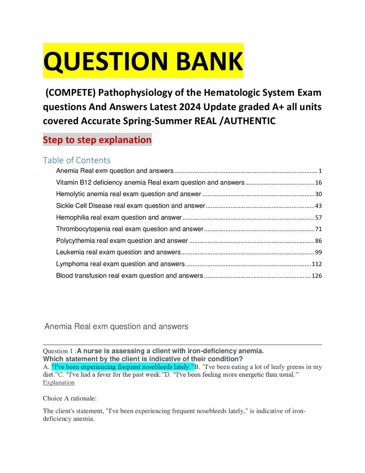 QUESTION BANK (COMPETE) Pathophysiology of the Hematologic System Exam ...