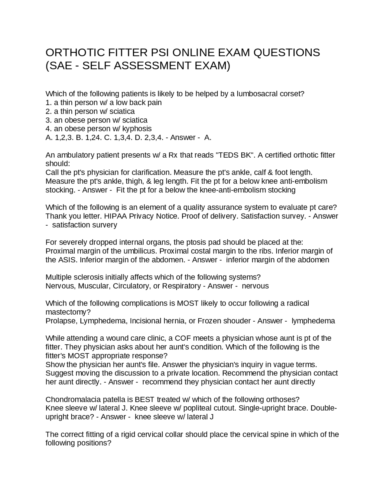 ORTHOTIC FITTER PSI ONLINE EXAM QUESTIONS (SAE - SELF ASSESSMENT EXAM ...