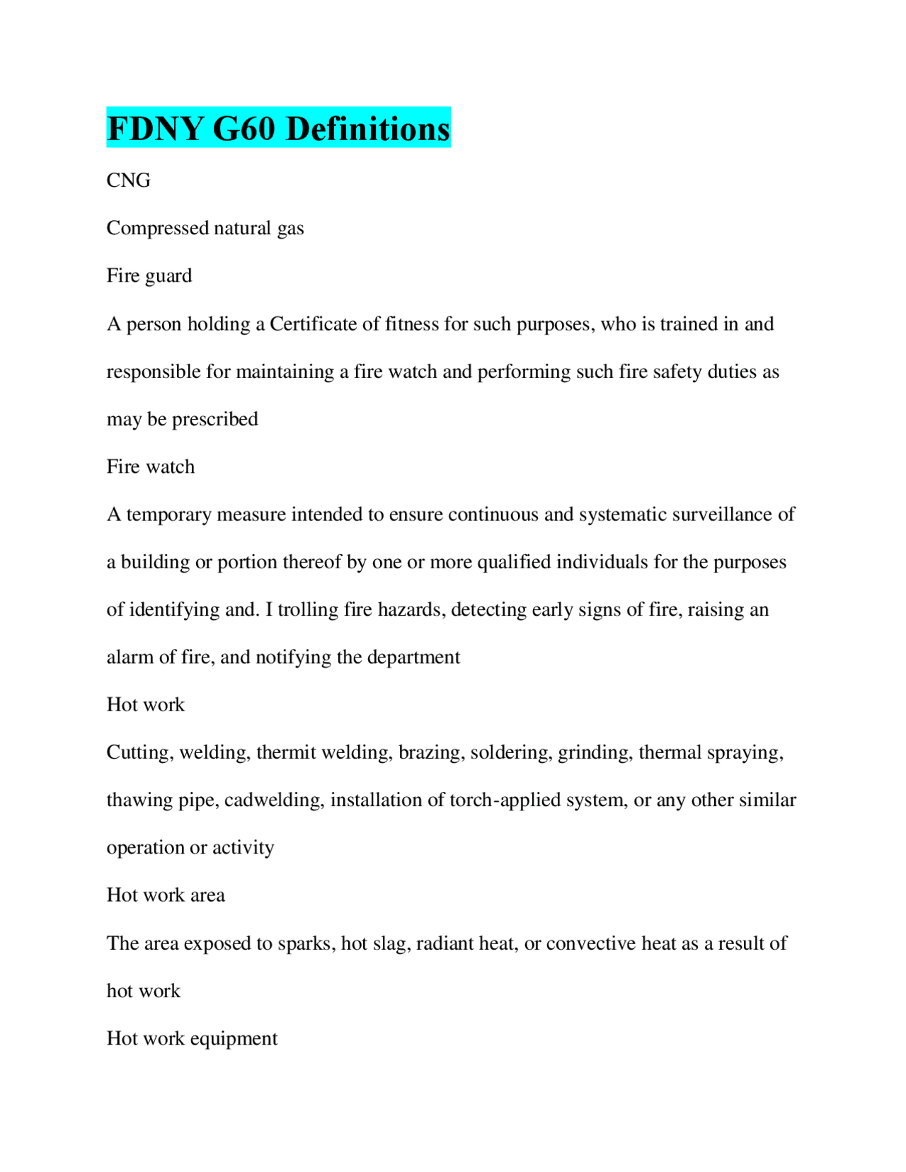 FDNY G60 Definitions | Exams Safety and Fire Engineering | Docsity