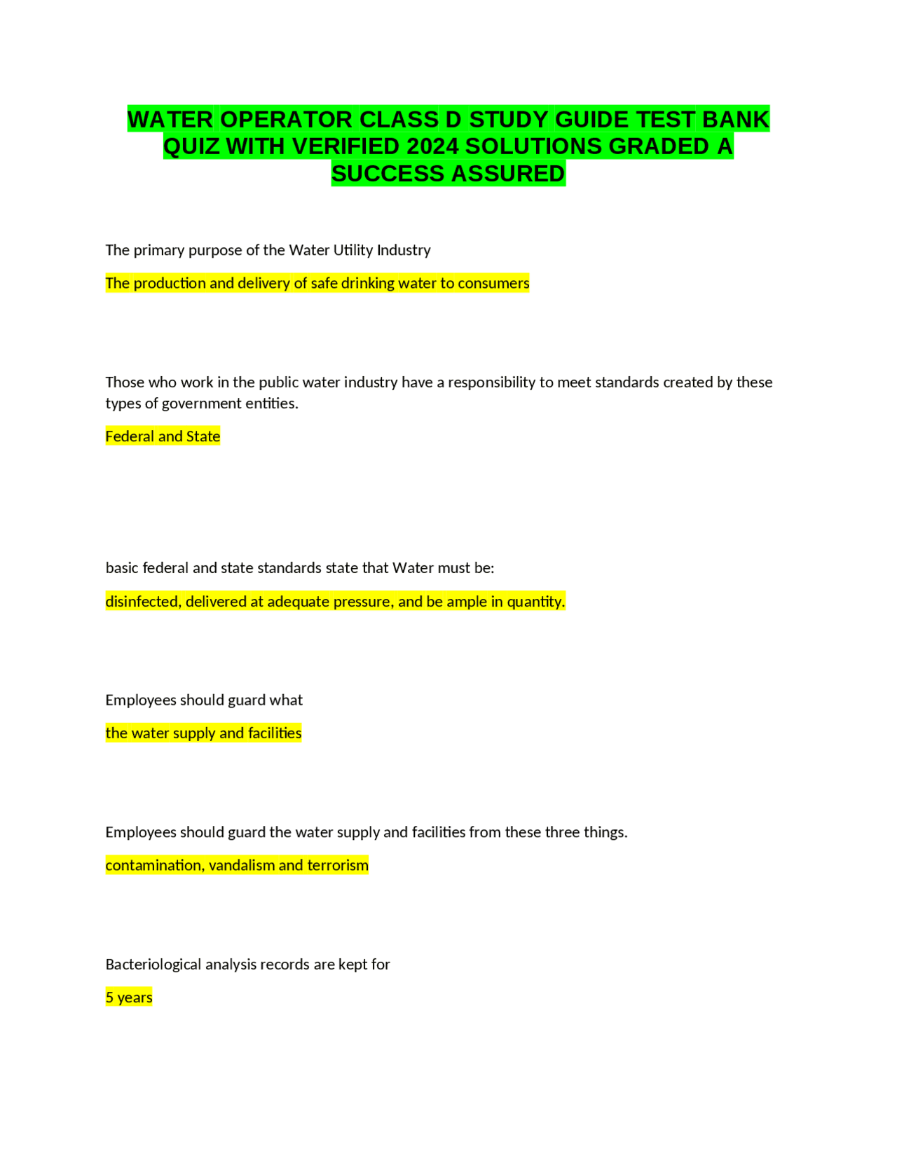 WATER OPERATOR CLASS D STUDY GUIDE TEST BANK QUIZ WITH VERIFIED 2024 ...