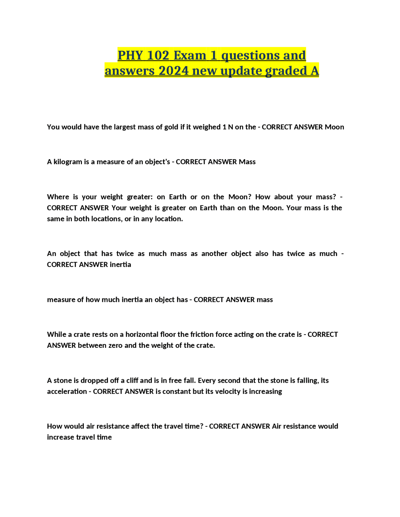 PHY 102 Exam 1 questions and answers 2024 new update graded A | Exams Physics | Docsity