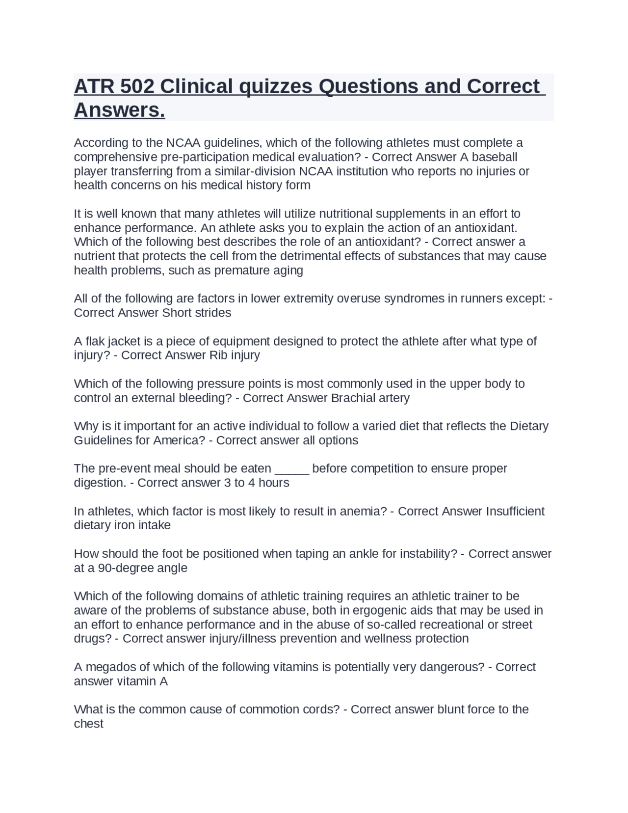 ATR 502 Clinical quizzes Questions and Correct Answers. | Exams ...