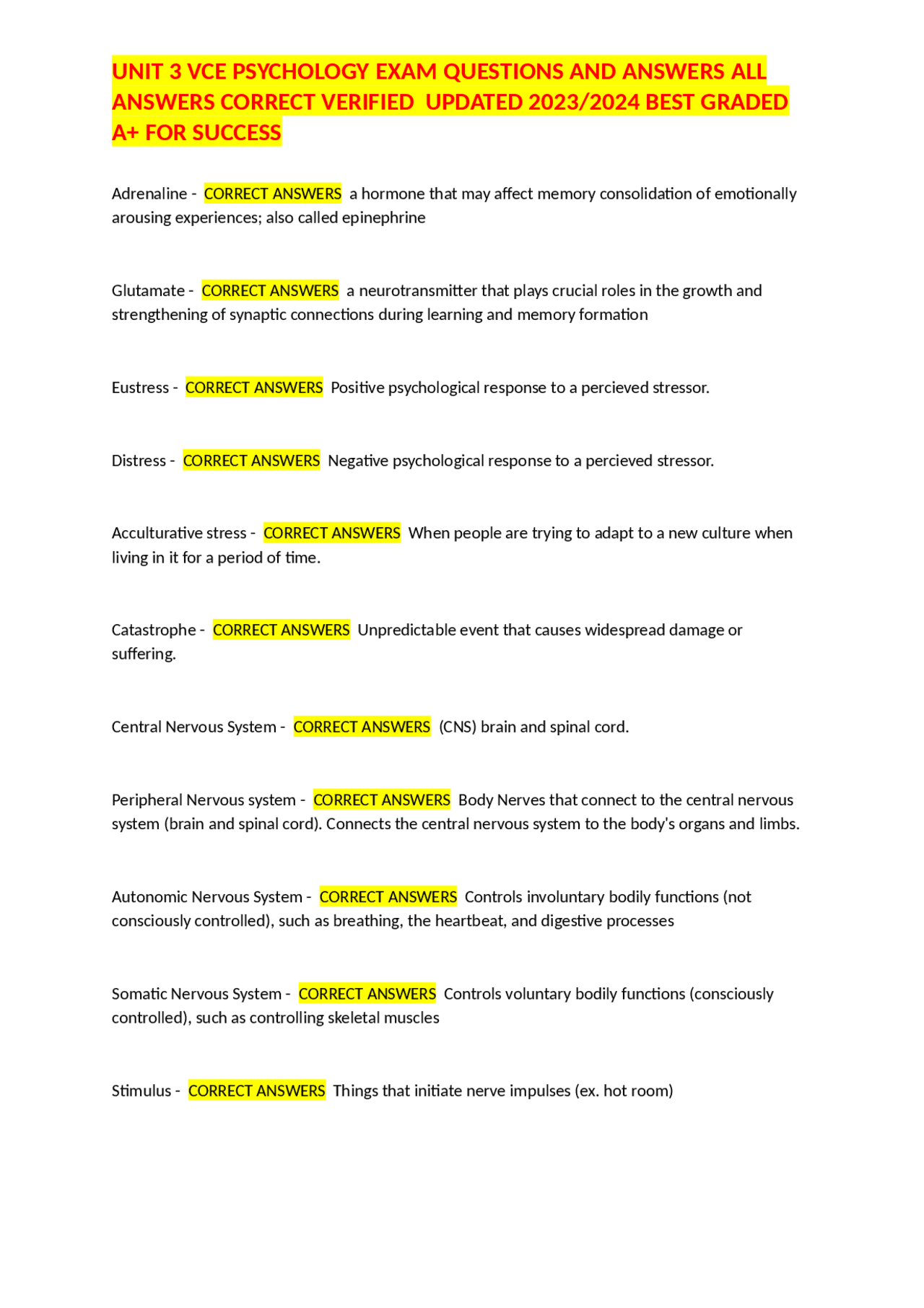 UNIT 3 VCE PSYCHOLOGY EXAM QUESTIONS AND ANSWERS ALL ANSWERS CORRECT ...