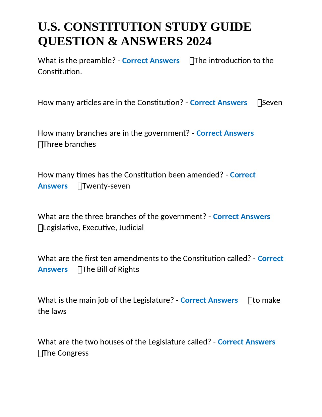 U.S. CONSTITUTION STUDY GUIDE QUESTION & ANSWERS 2024 | Exams Nursing ...
