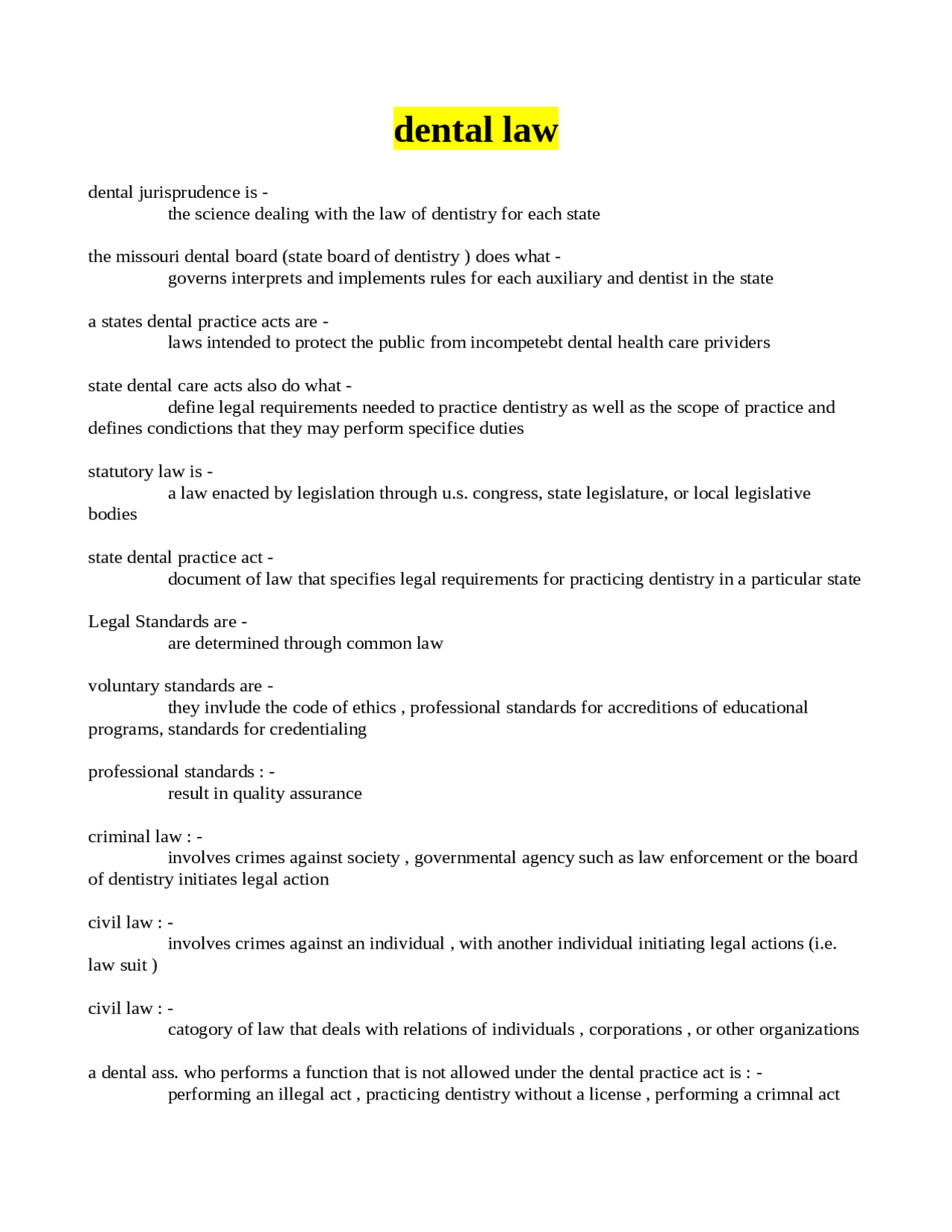 Dental Law Dental Law Dental Law | Exams Dentistry | Docsity