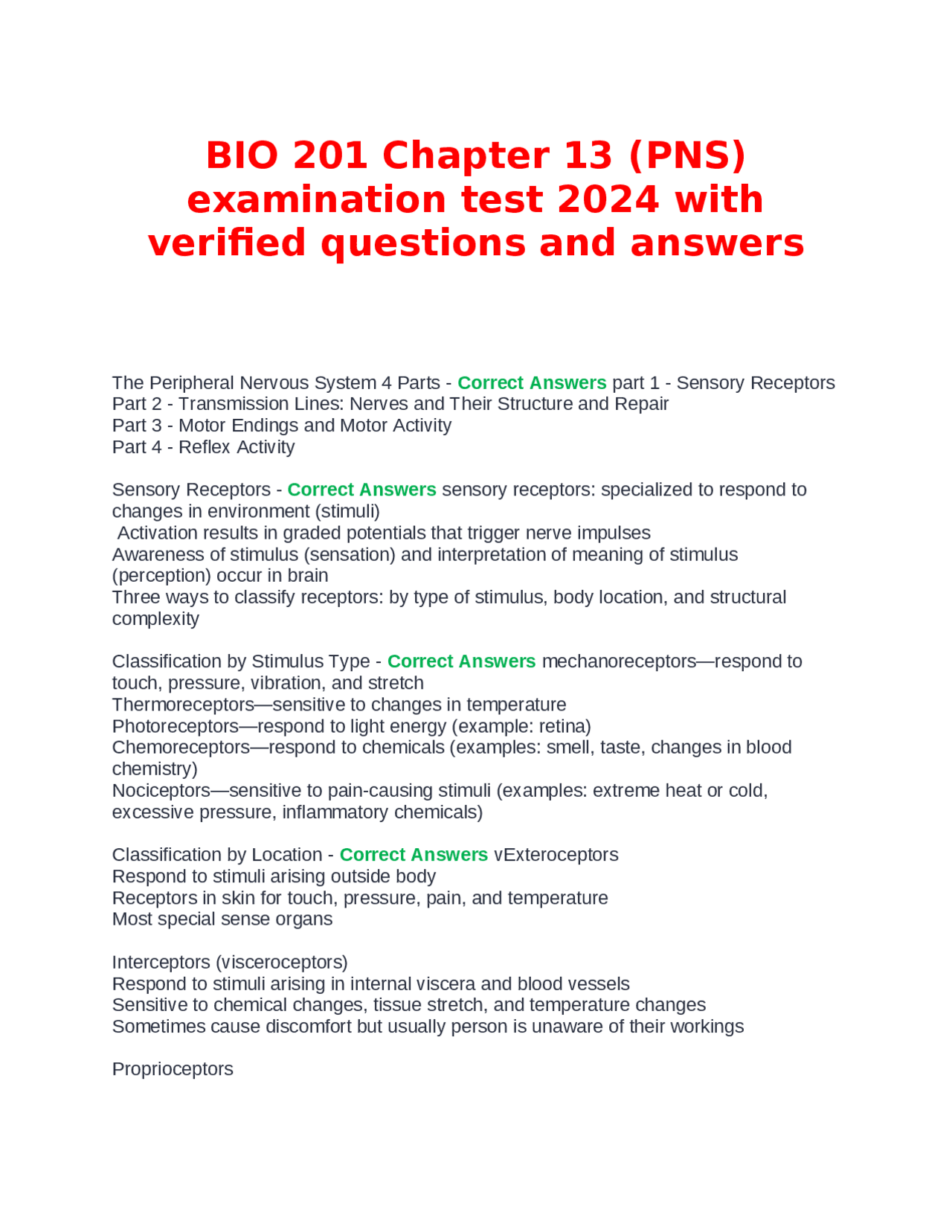 BIO 201 Chapter 13 (PNS) examination test 2024 with verified questions ...
