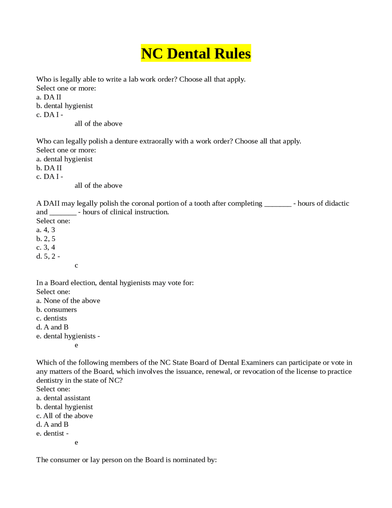 NC Dental Rules NC Dental Rules | Exams Dentistry | Docsity