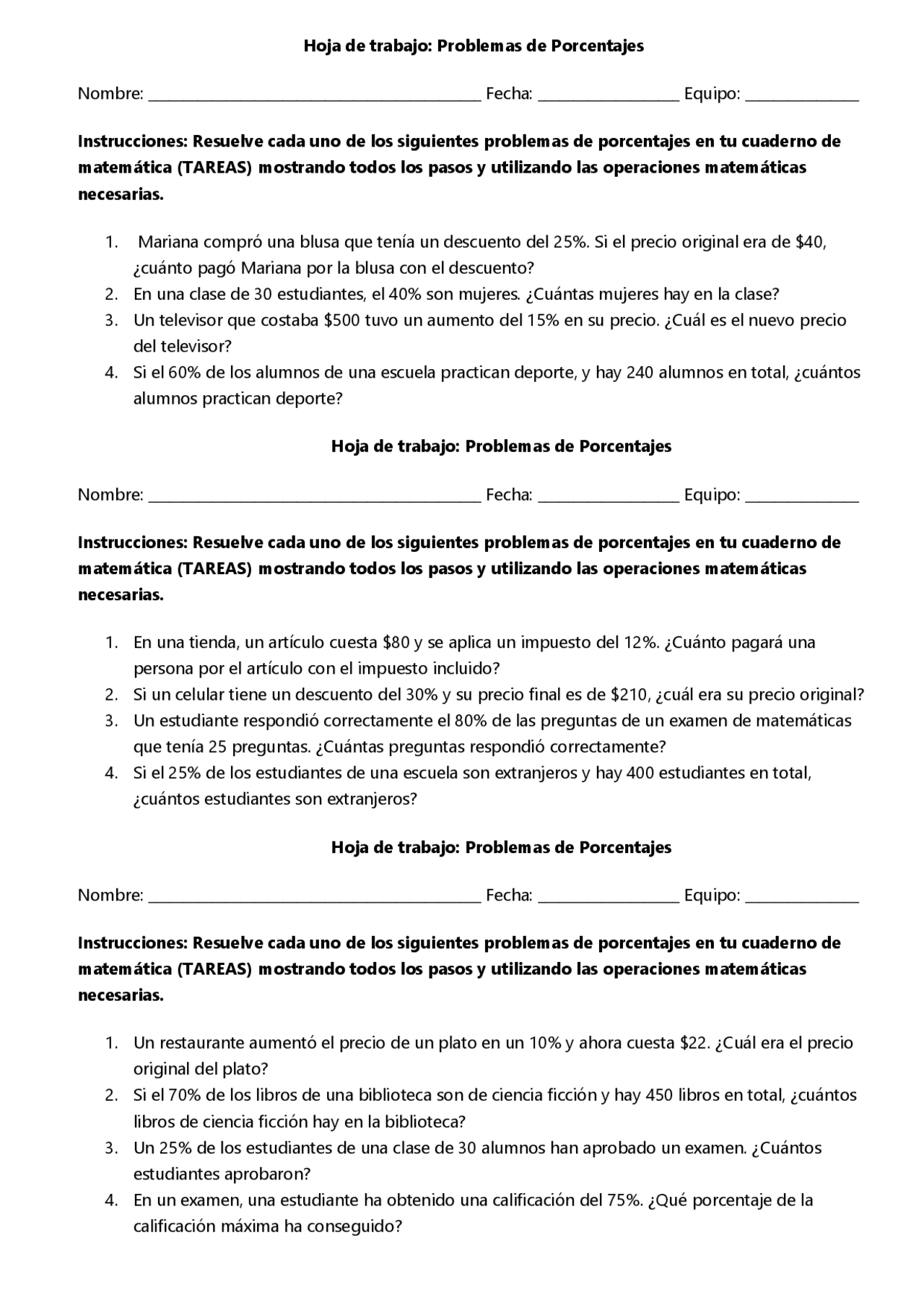 Ejercicios prácticos sobre porcentajes | Ejercicios de Matemáticas | Docsity
