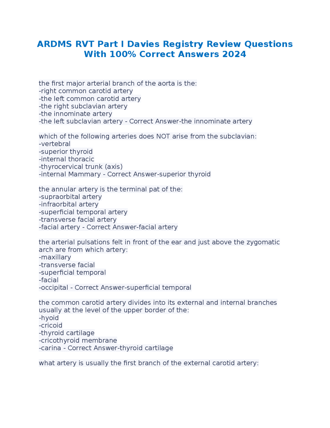 ARDMS RVT Part I Davies Registry Review Questions With 100% Correct ...