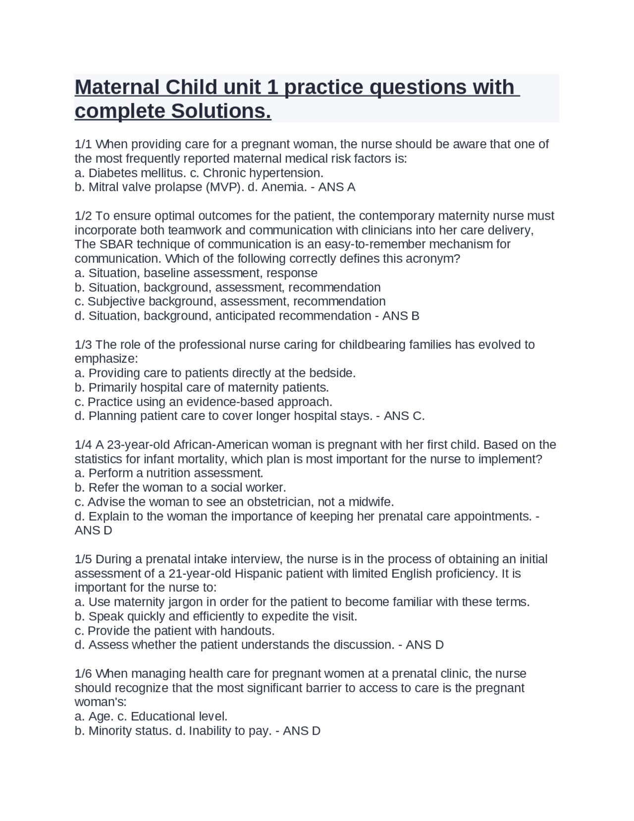 Maternal Child unit 1 practice questions with complete Solutions ...