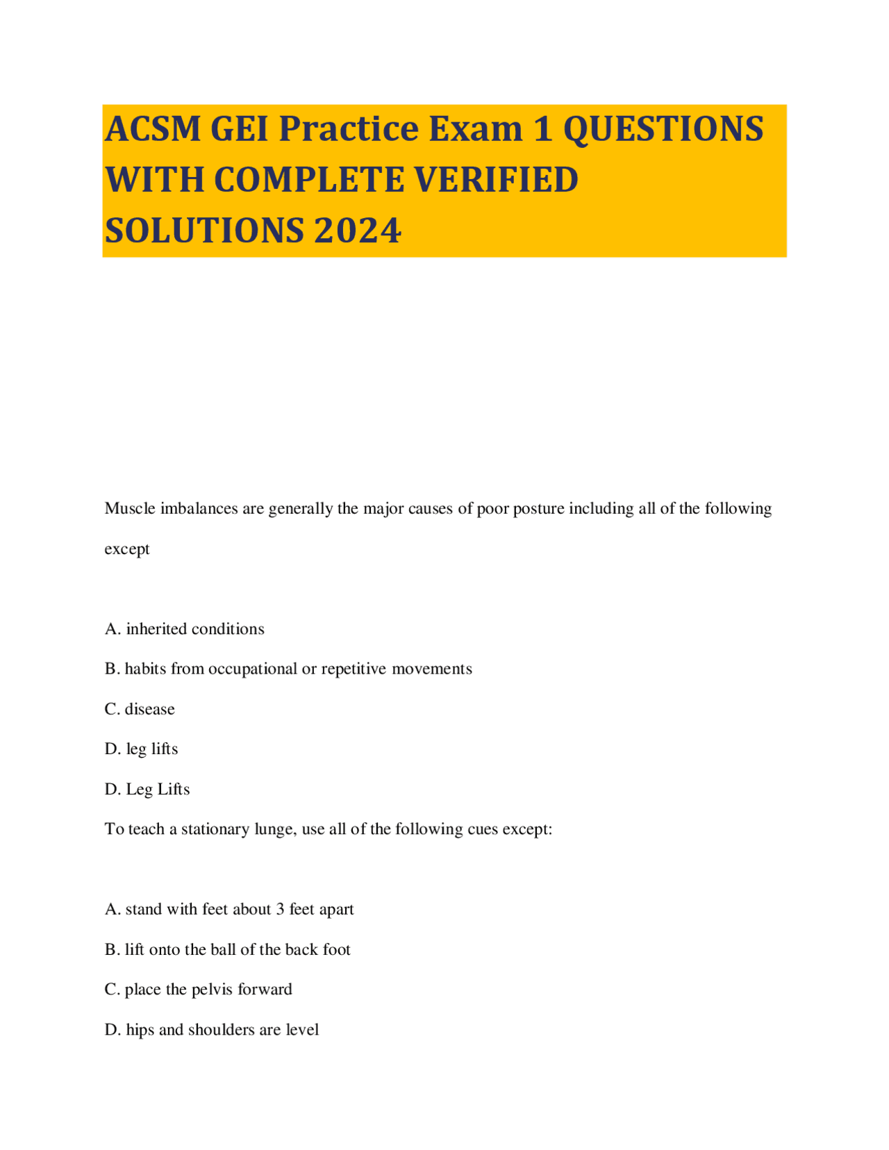ACSM GEI Practice Exam 1 QUESTIONS WITH COMPLETE VERIFIED SOLUTIONS ...