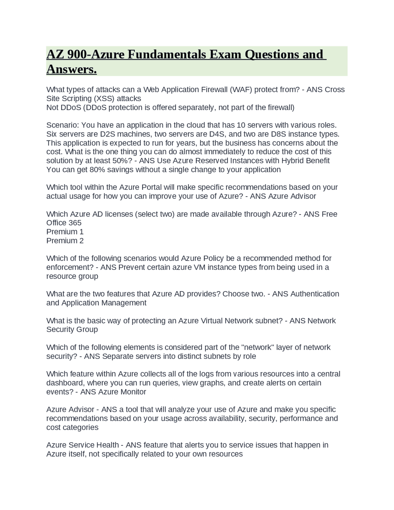 AZ 900-Azure Fundamentals Exam Questions and Answers. | Exams Computer ...