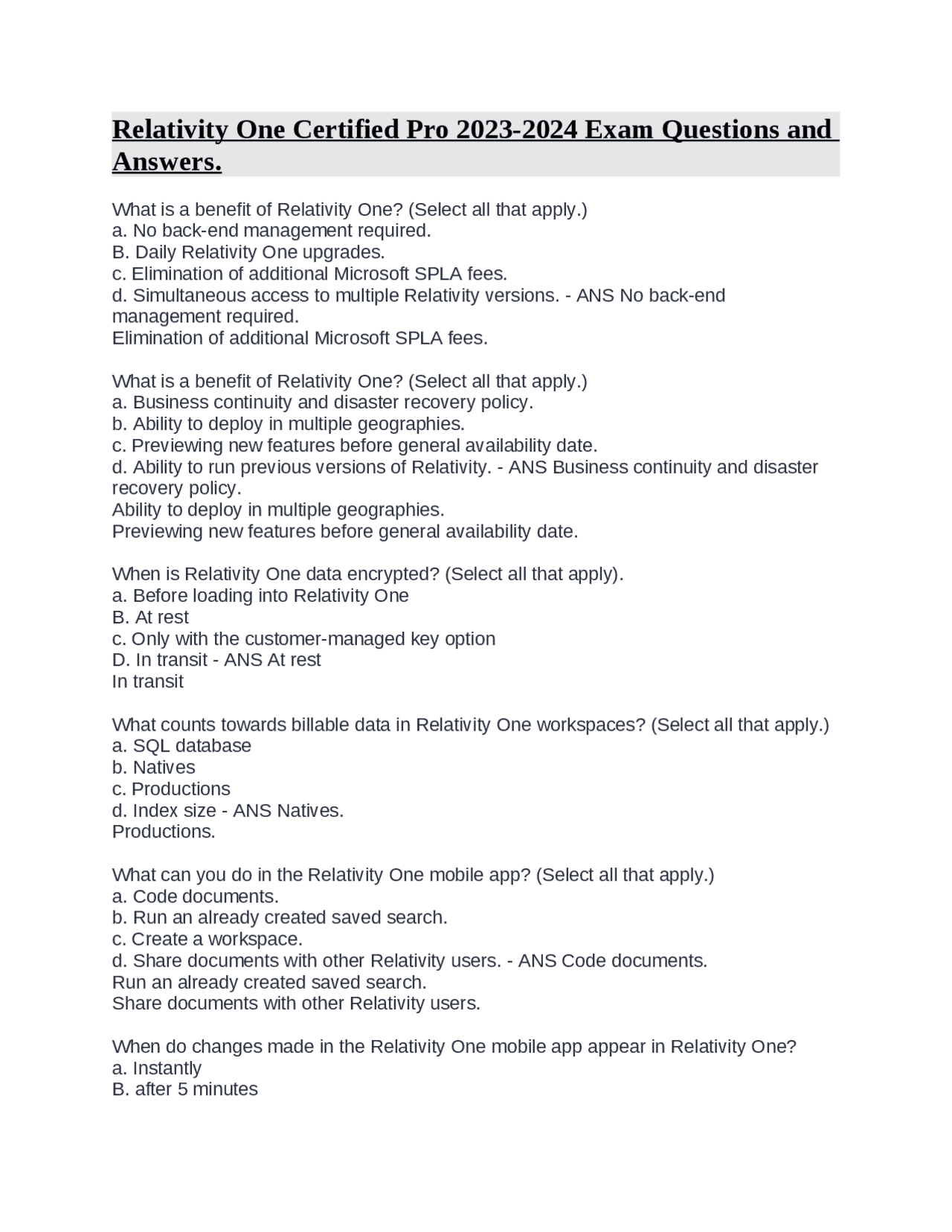 Relativity One Certified Pro 2023-2024 Exam Questions and Answers ...